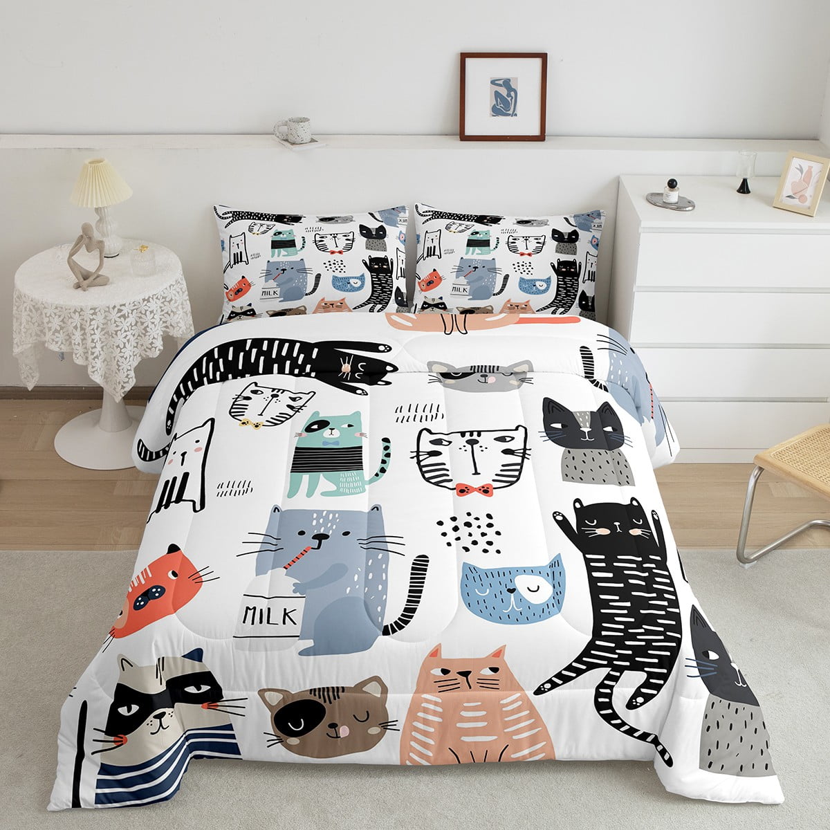 Cat Comforter Set Queen Size, Cartoon Cat Bedding Set For Grils Teens ...