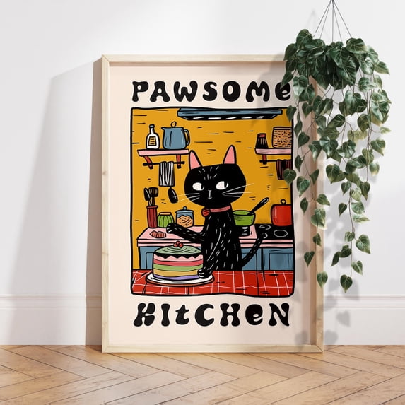 Cat Kitchen Black Cat Chef Retro Diner Cake Wall Picture, Stretched ...