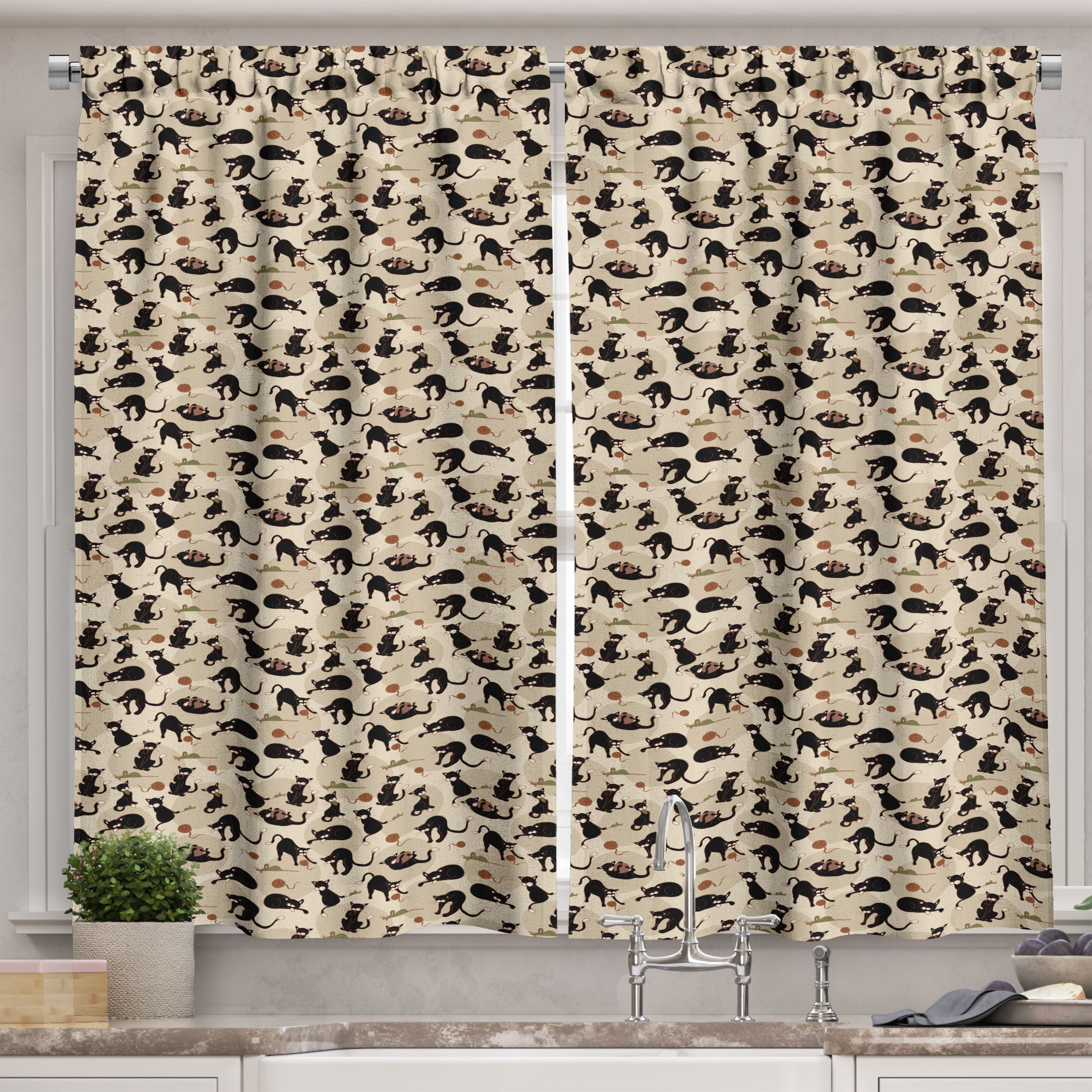 Cat Kitchen Curtains, Hand Drawn Feline Pattern House Pet Playing with ...