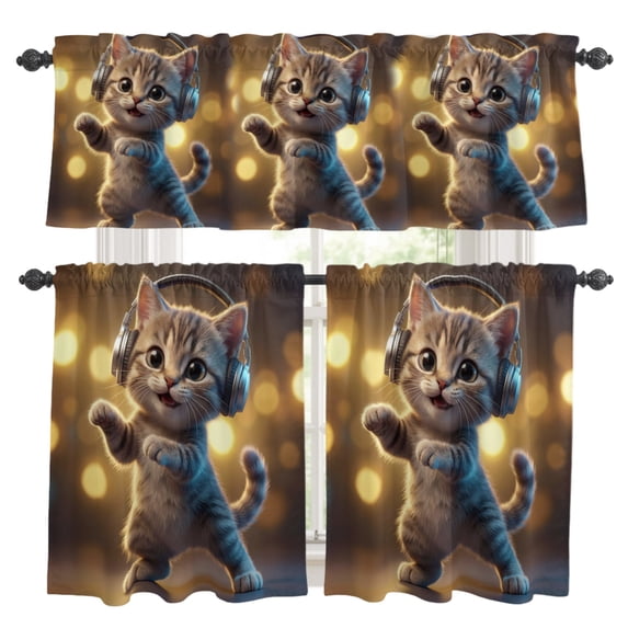 Cat Kitchen Curtains Set for Windows, Abstract Headphone Cat Shiny ...