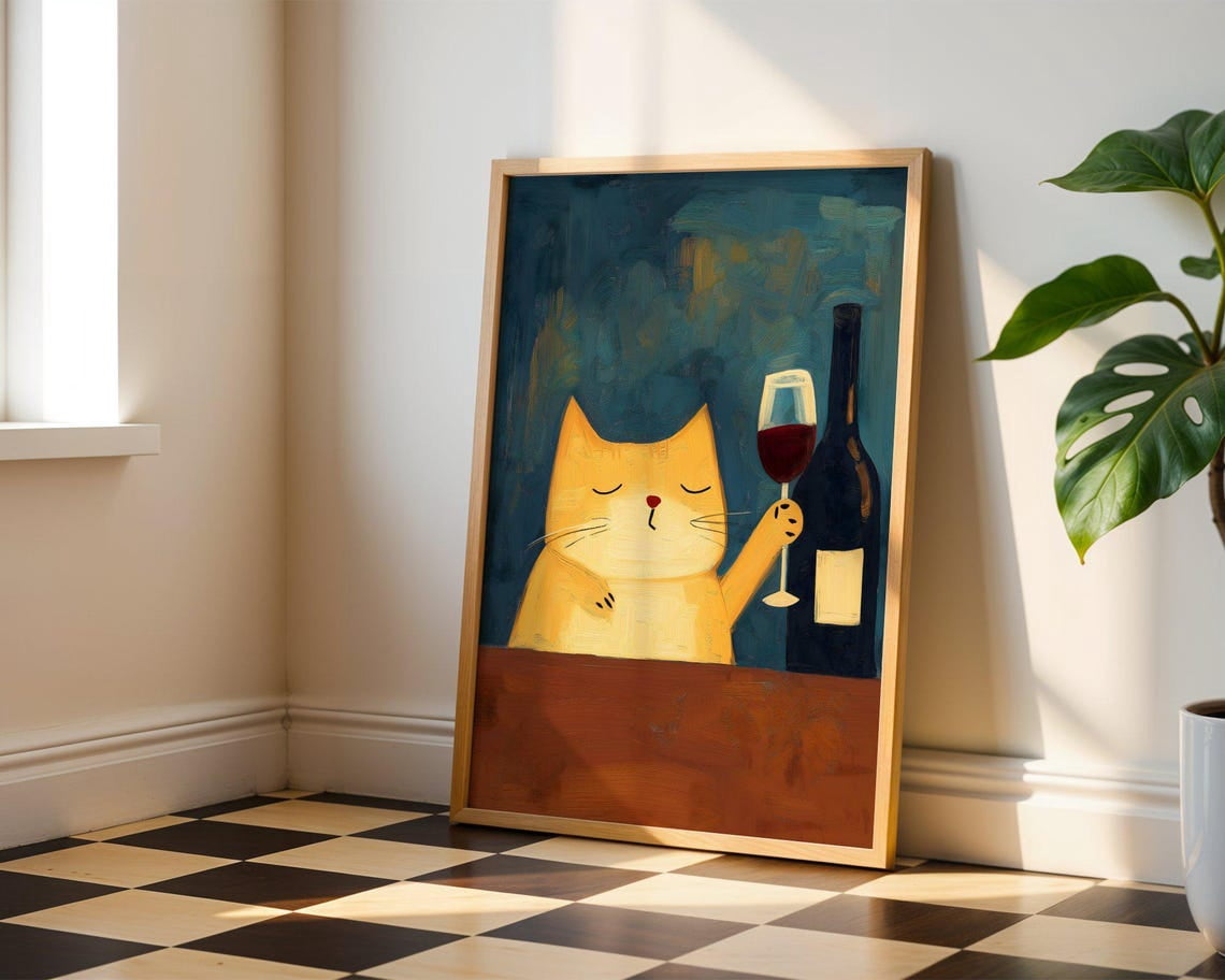 Cat Kitchen Print, Cat With Wine Wall Art, Unframed Paper Poster ...