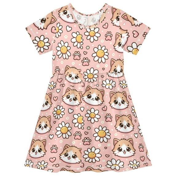 Cat Kitten Head Short Sleeve Dress A-Line Cute Midi Casual Sundress 2-8 ...