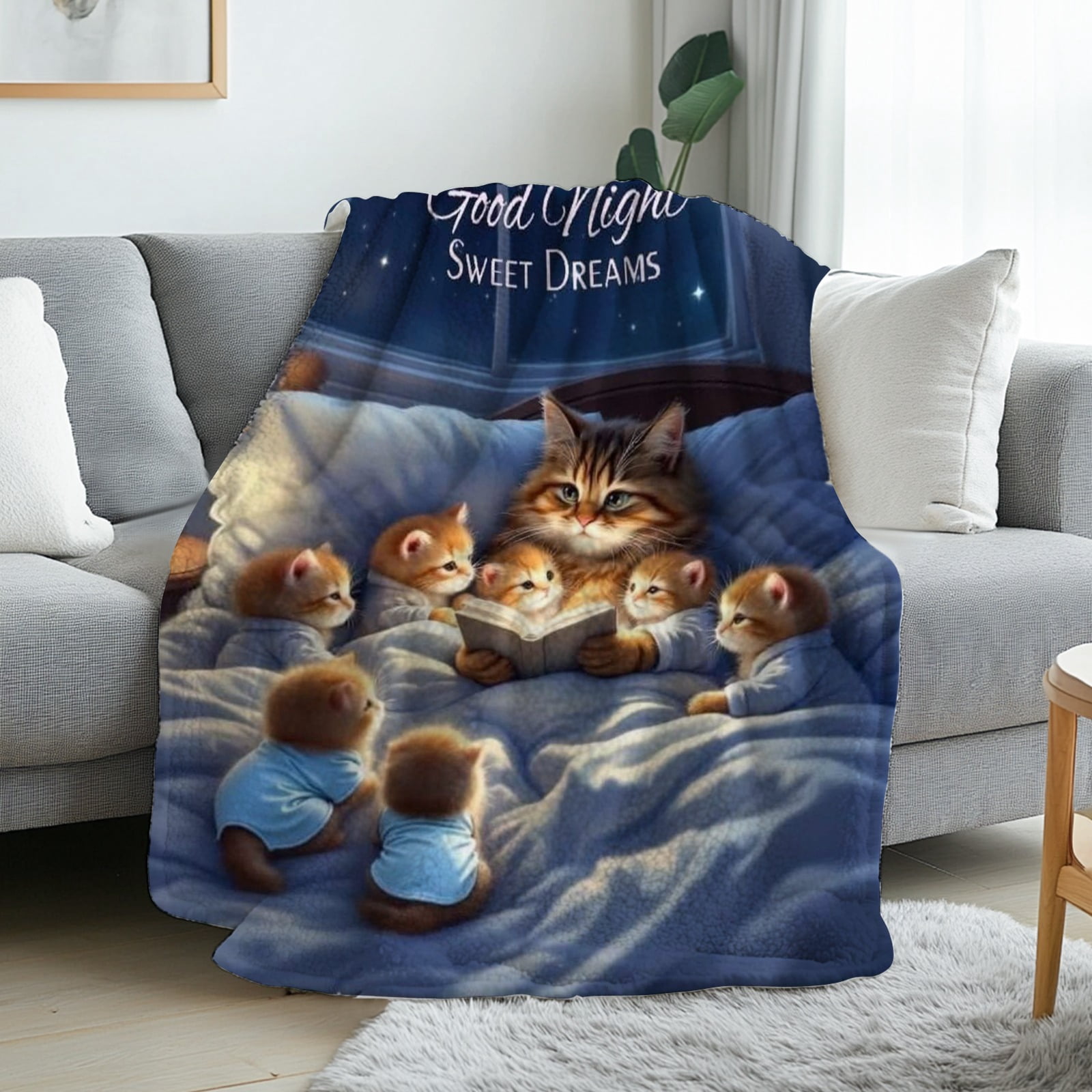 Cat & Kittens Reading Flannel Blanket - Soft Warm 280gsm Cozy Throw ...