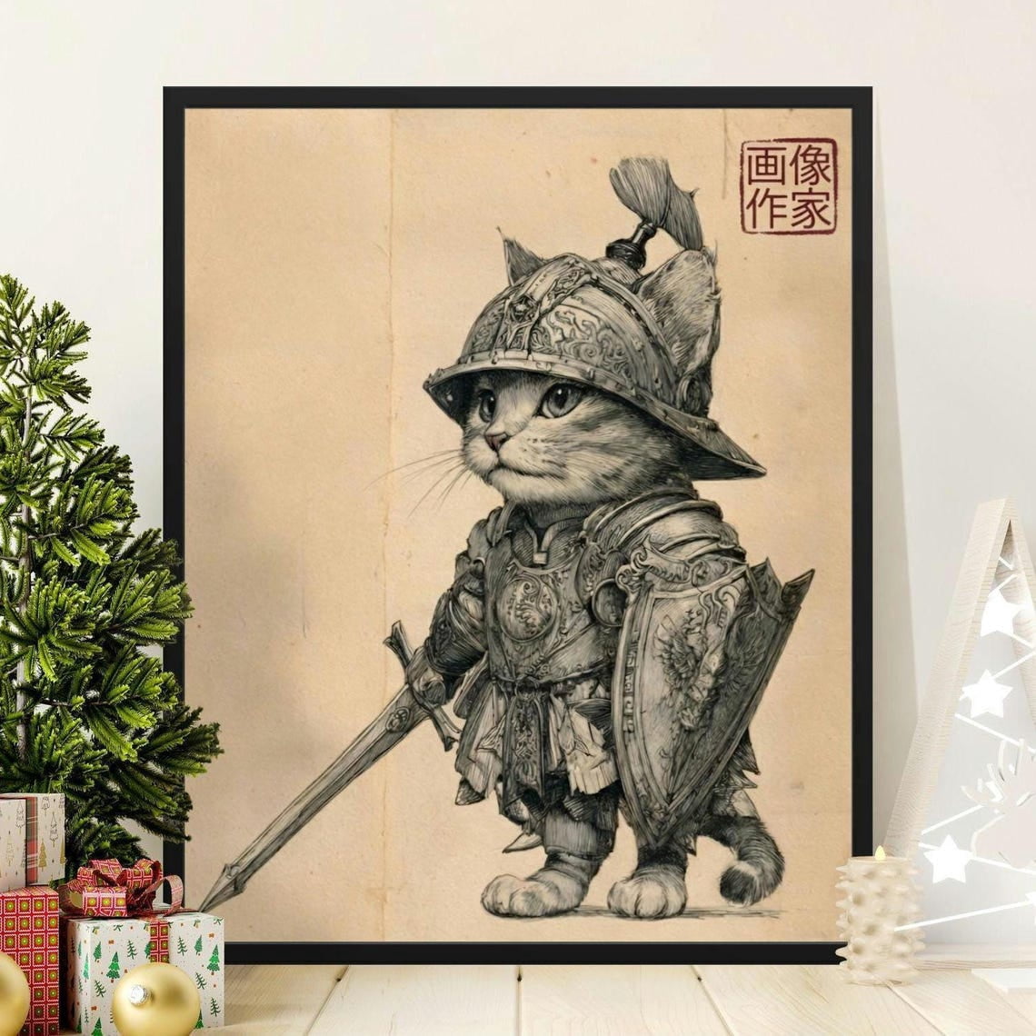 Cat Knight Art Print Pet Warrior Illustration Fantasy Animal Decoration ...