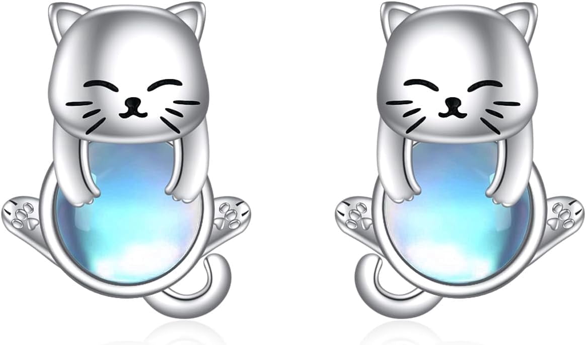 Cat/Koala/Owl/Cow/Bat/Pig Stud Earrings 925 Sterling Silver Moonstone ...