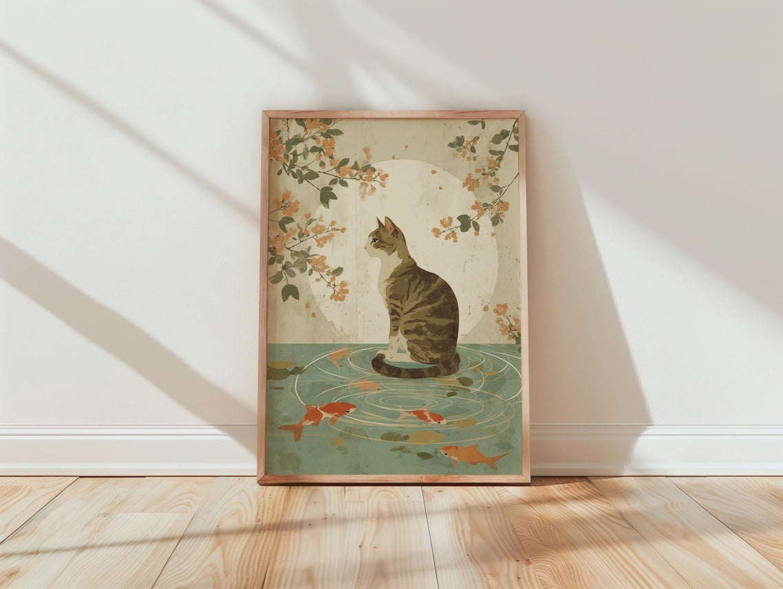 Cat Koi Fish Wall Art, Vintage Botanical Print, Beige Soft Green Decor ...