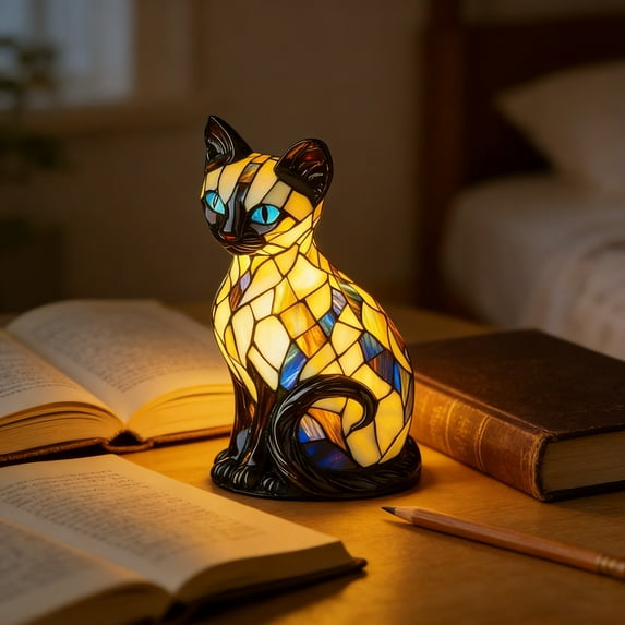 Cat Lamp, Stained Glass Cat Lamp, Decorative Resin LED Night Light for ...