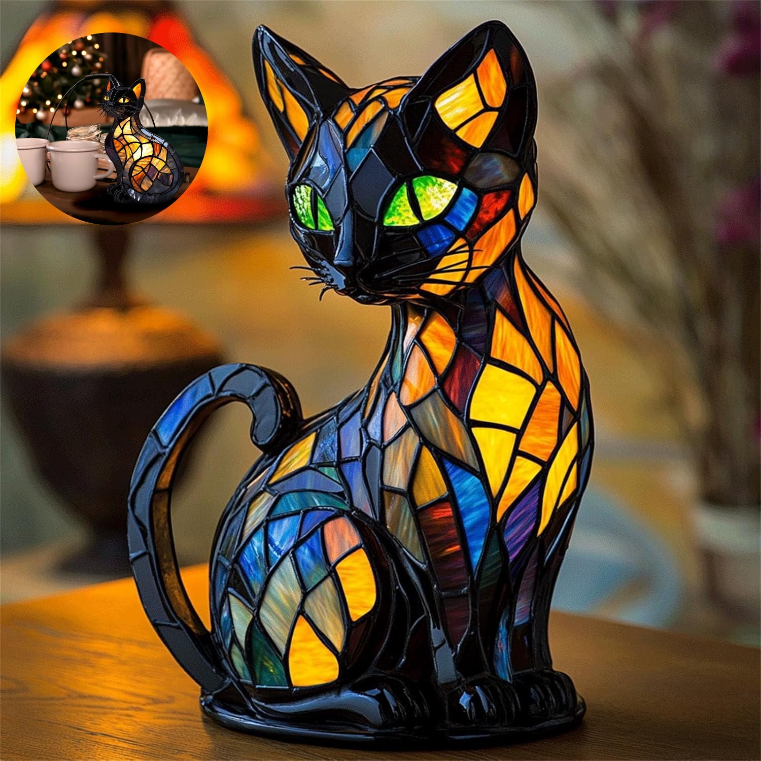 Cat Lamp - Stained Glass Cat Lamp - Vintage Resin Animal Lamps Tabletop ...