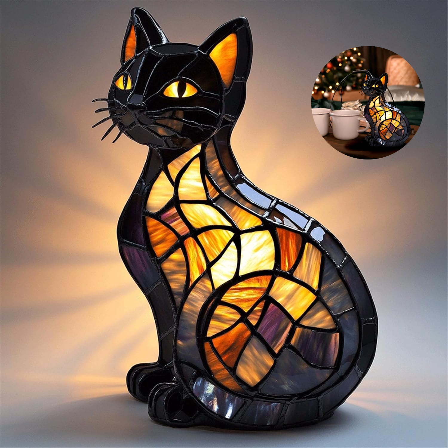 Cat Lamp - Stained Glass Cat Lamp - Vintage Resin Animal Lamps Tabletop ...