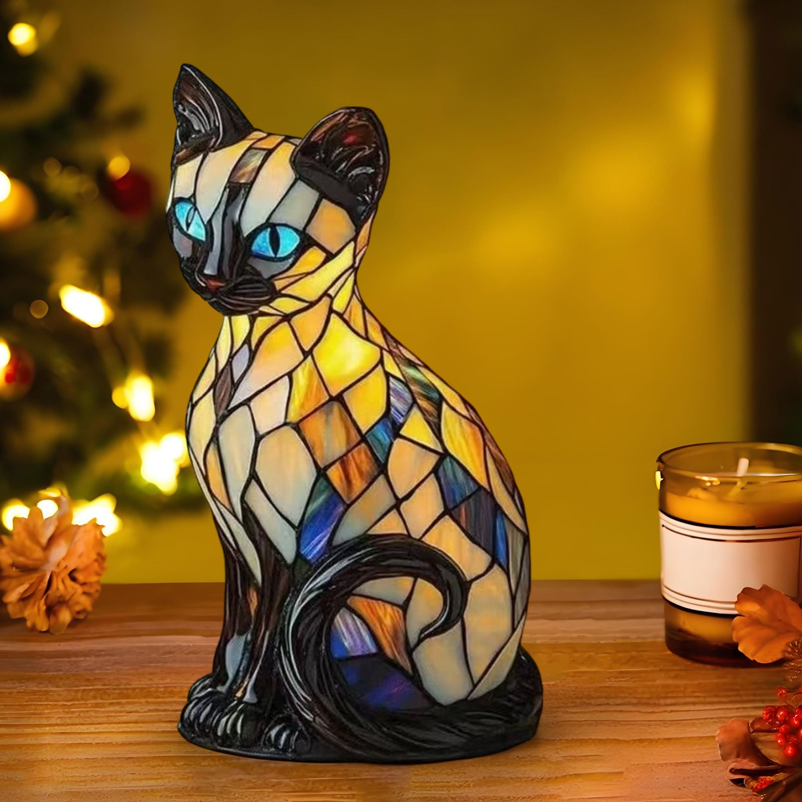 Cat Lamp & Stained Glass Lamp, Cute Cats Shaped Resin Table Lamps, Warm ...