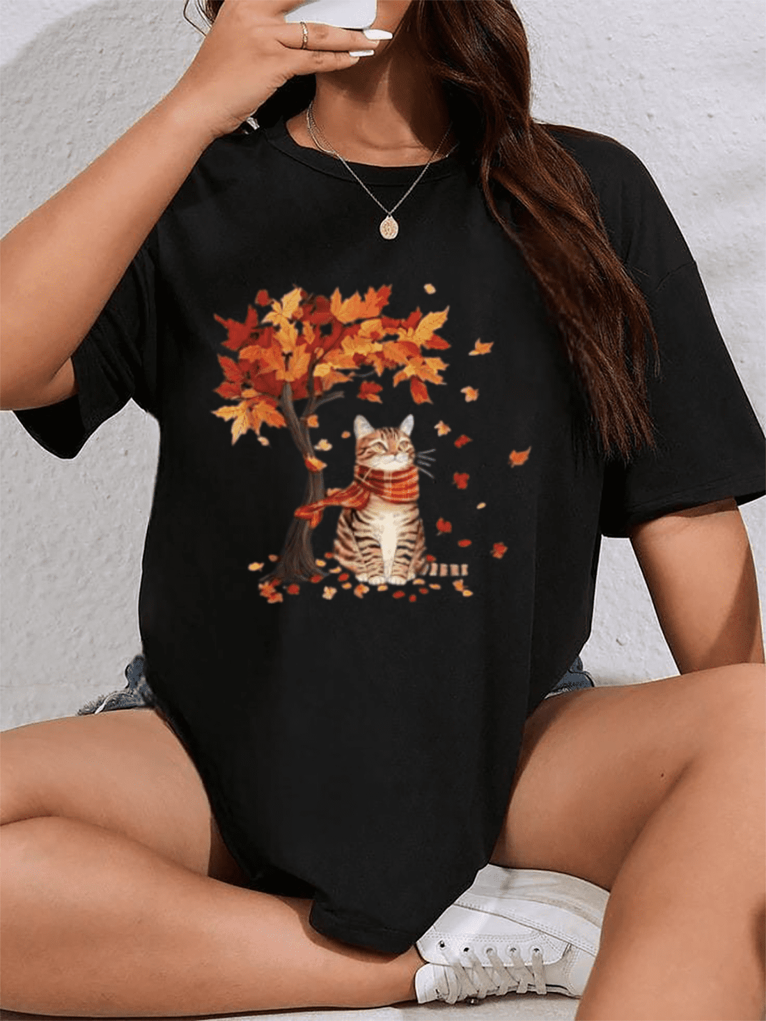 Cat Leaf Fall Tree Hello Autumn Thanksgiving Fun Unisex T-Shirt, for ...