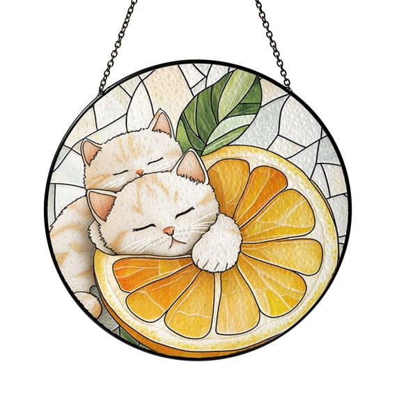 Cat Lemon Citrus Stained Glass Style Suncatcher Window Hanging Decor ...