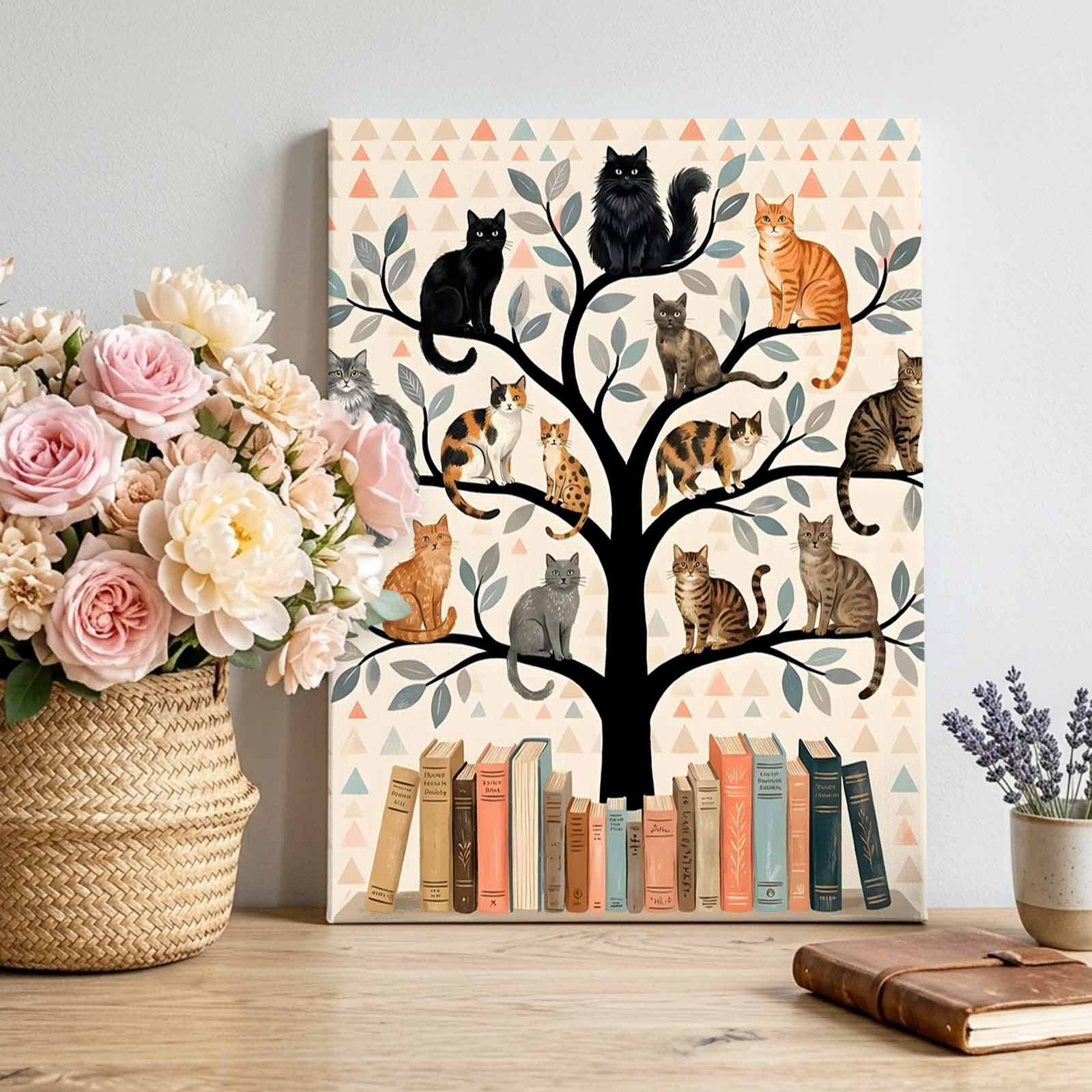 Cat Library Canvas Wall Art for Living Room, Cartoon Pet Portrait Book ...