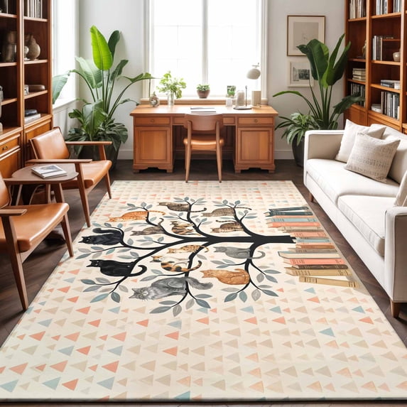 Cat Library Washable Area Rug 6 x 9 ft Cartoon Pet Portrait Book Tree ...