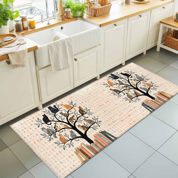 Cat Library Washable Runner Rugs 2'x6', Cartoon Pet Portrait Book Tree ...