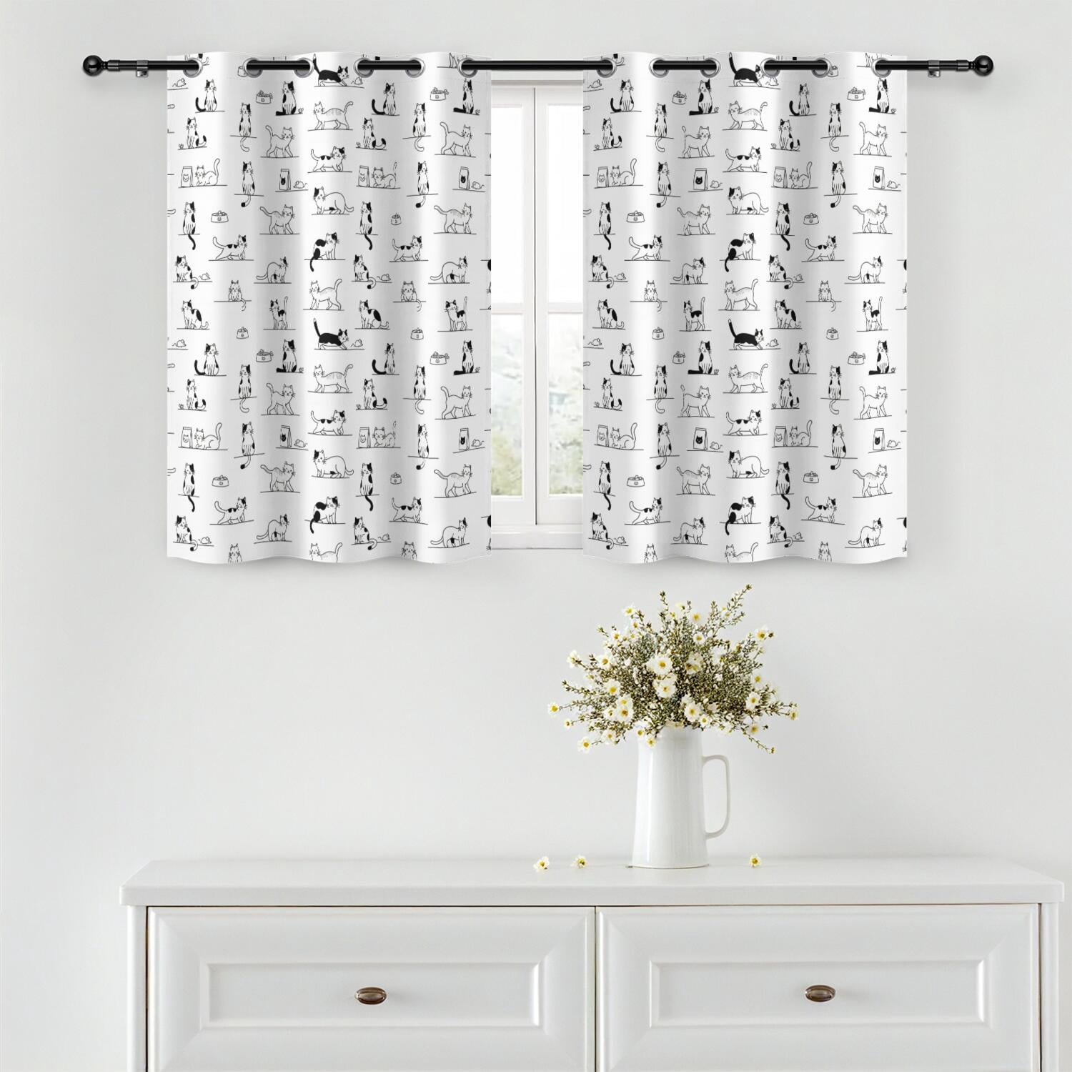 Cat Line Art White Pattern Blackout Curtains,Triple Weaved Fabric ...