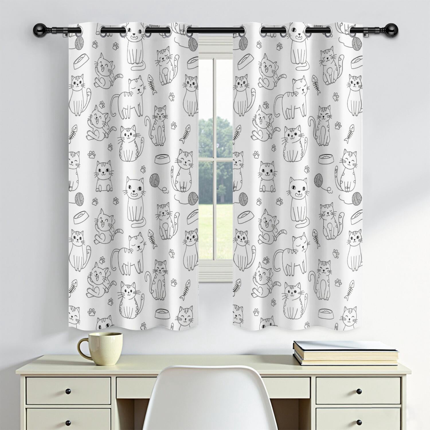 Cat Line Art White Pattern Blackout Curtains,Triple Weaved Fabric ...