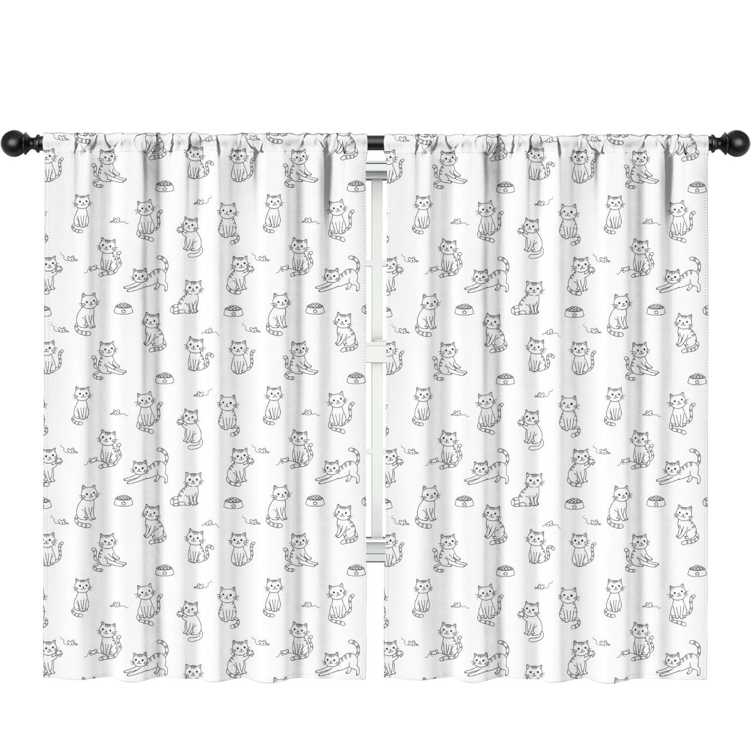 Cat Line Art White Pattern Insulated Teens Curtains Set Of 2, Bedroom ...