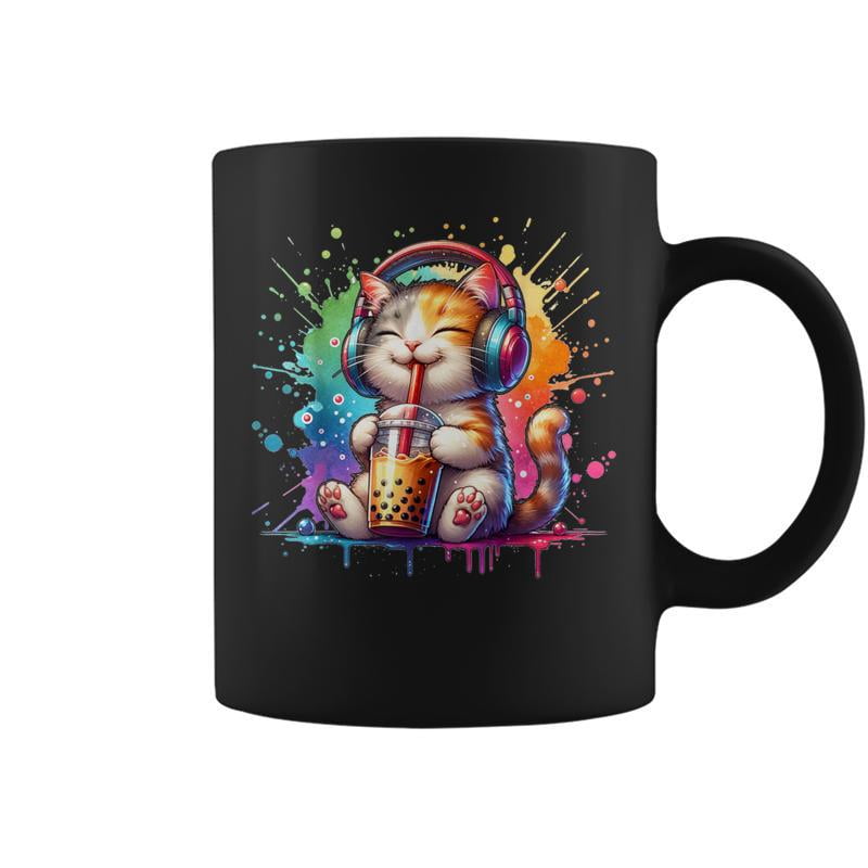 Cat Listening To Music And Drinking Boba Boba Lover Coffee Mug ...