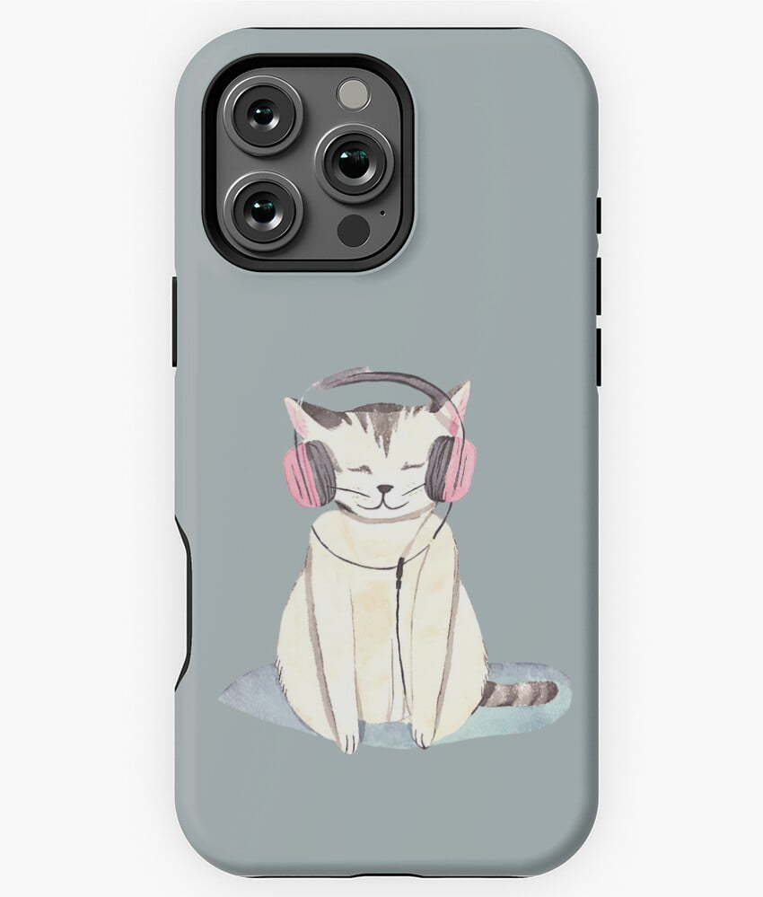 Cat Listening to Music Headphones Phone Case for iPhone 16 15 14 13 12 ...