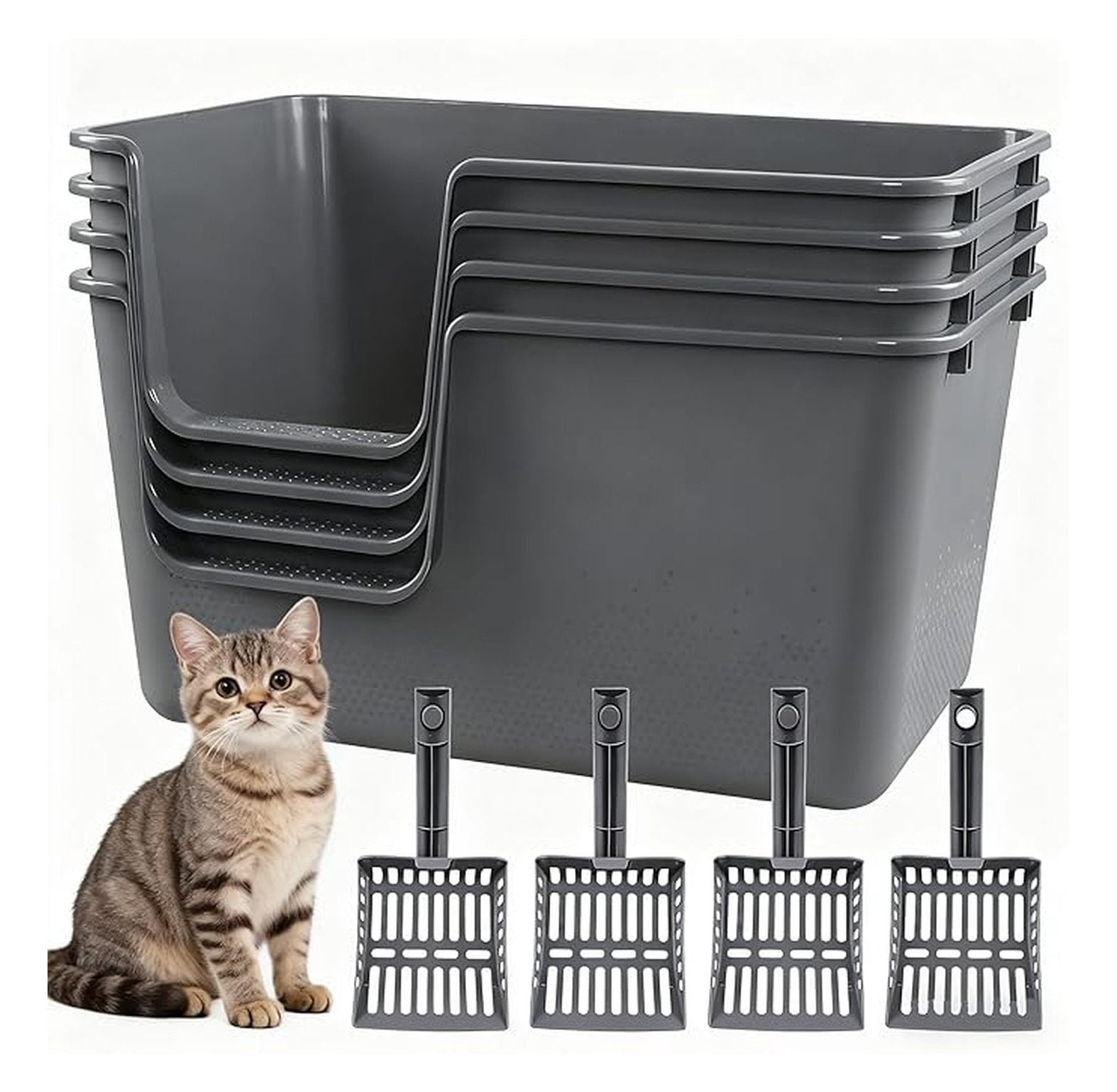 Cat Litter Box 4 Pack, Extra Large Open Top Litter Pan for Big Cats ...
