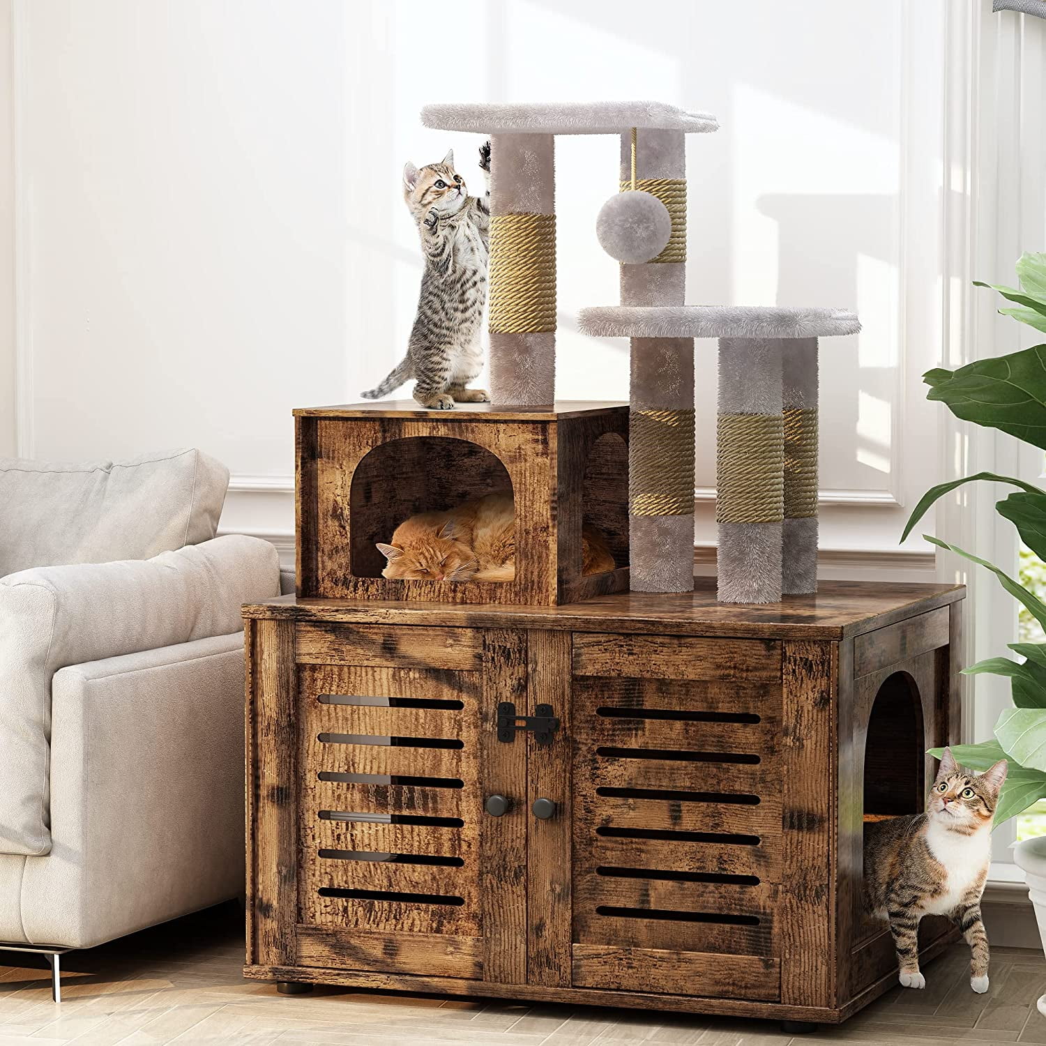 Cat Litter Box Enclosure with Cat Tree, Hidden Cat Washroom Furniture ...