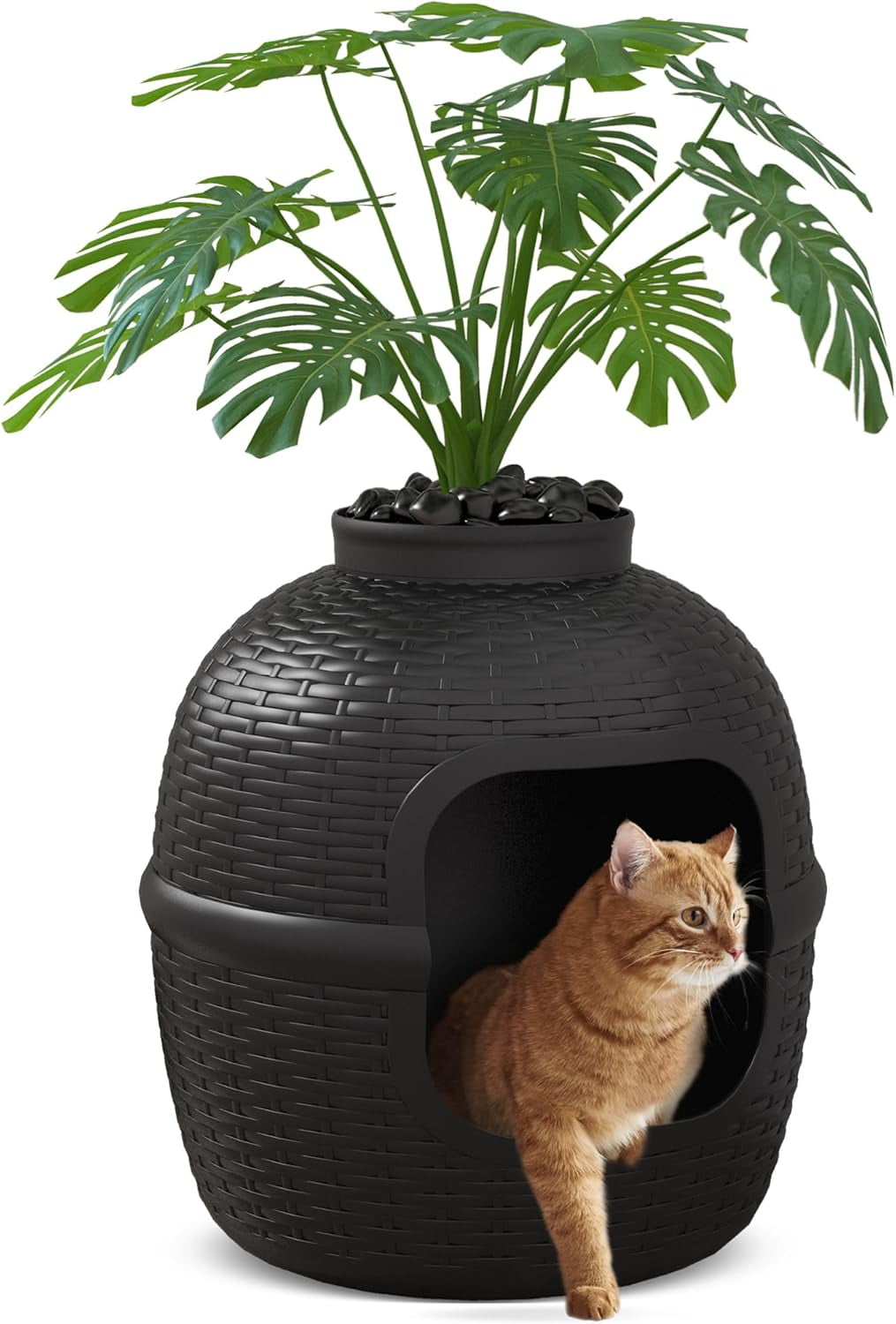 Cat Litter Box Enclosure with Faux Plant & Real Stones, Hidden Litter ...