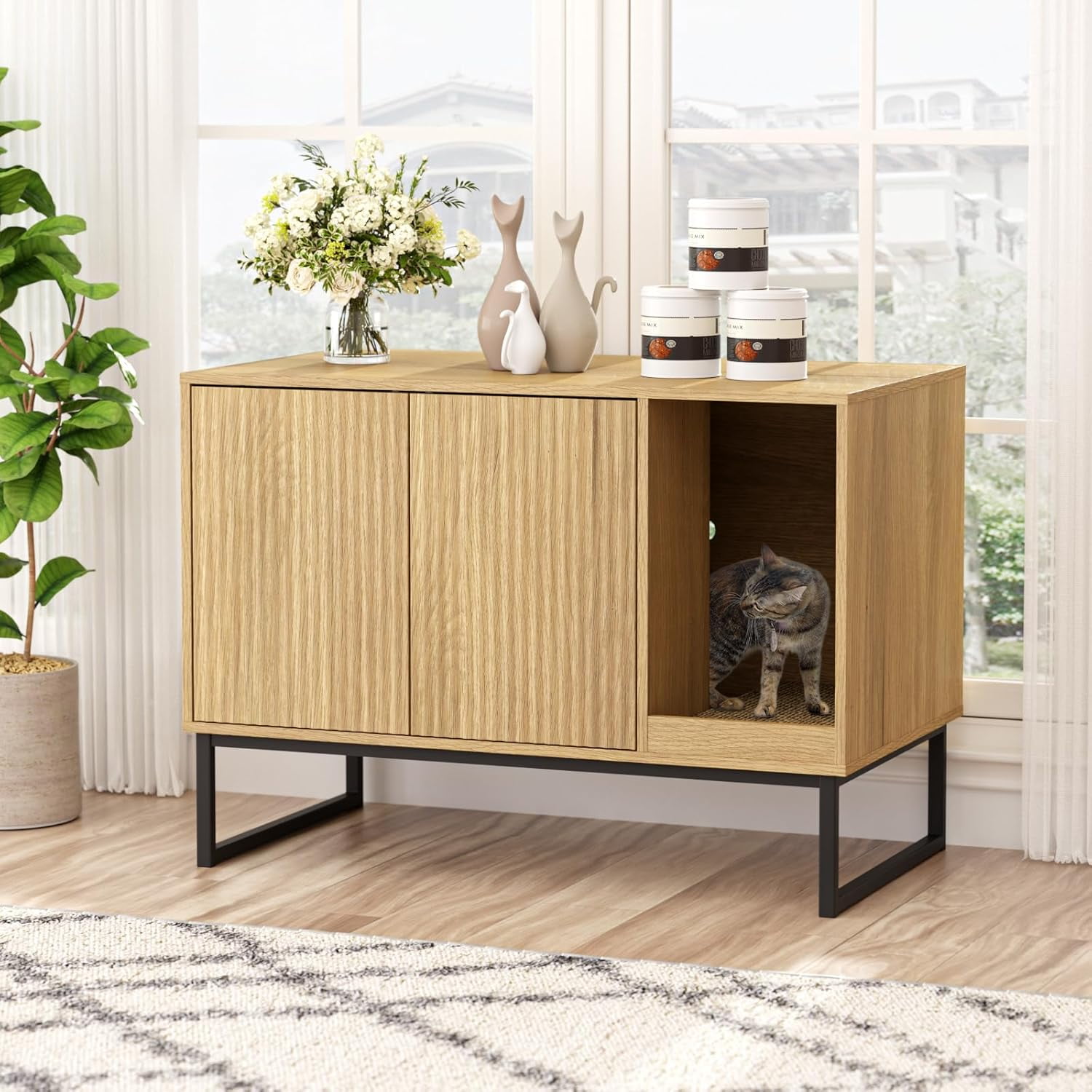 Cat Litter Box Enclosure, Fluted Hidden Litter Box Furniture with ...