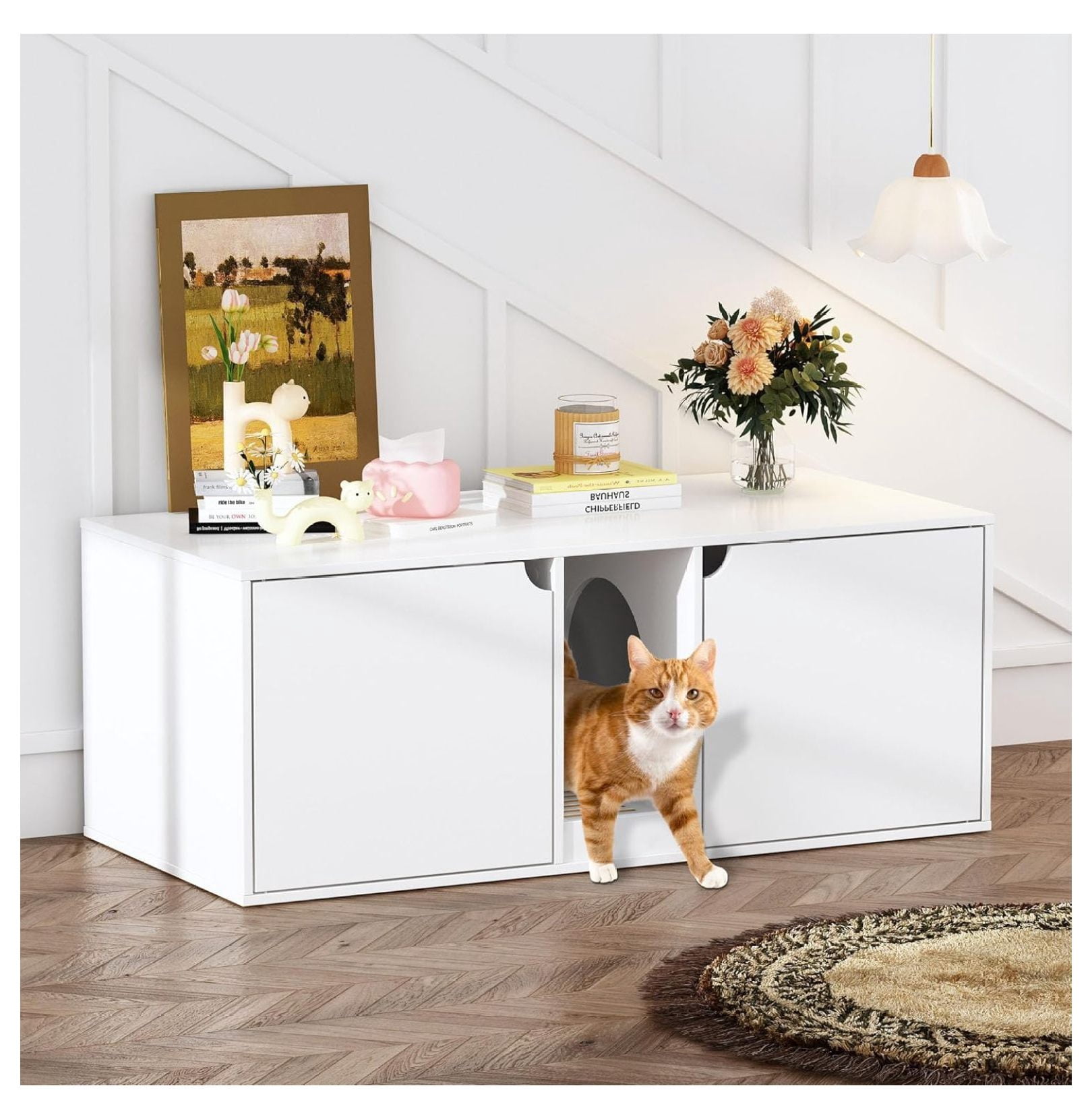 Cat Litter Box Enclosure Furniture, 43.3 Inch Cat Washroom with Double ...