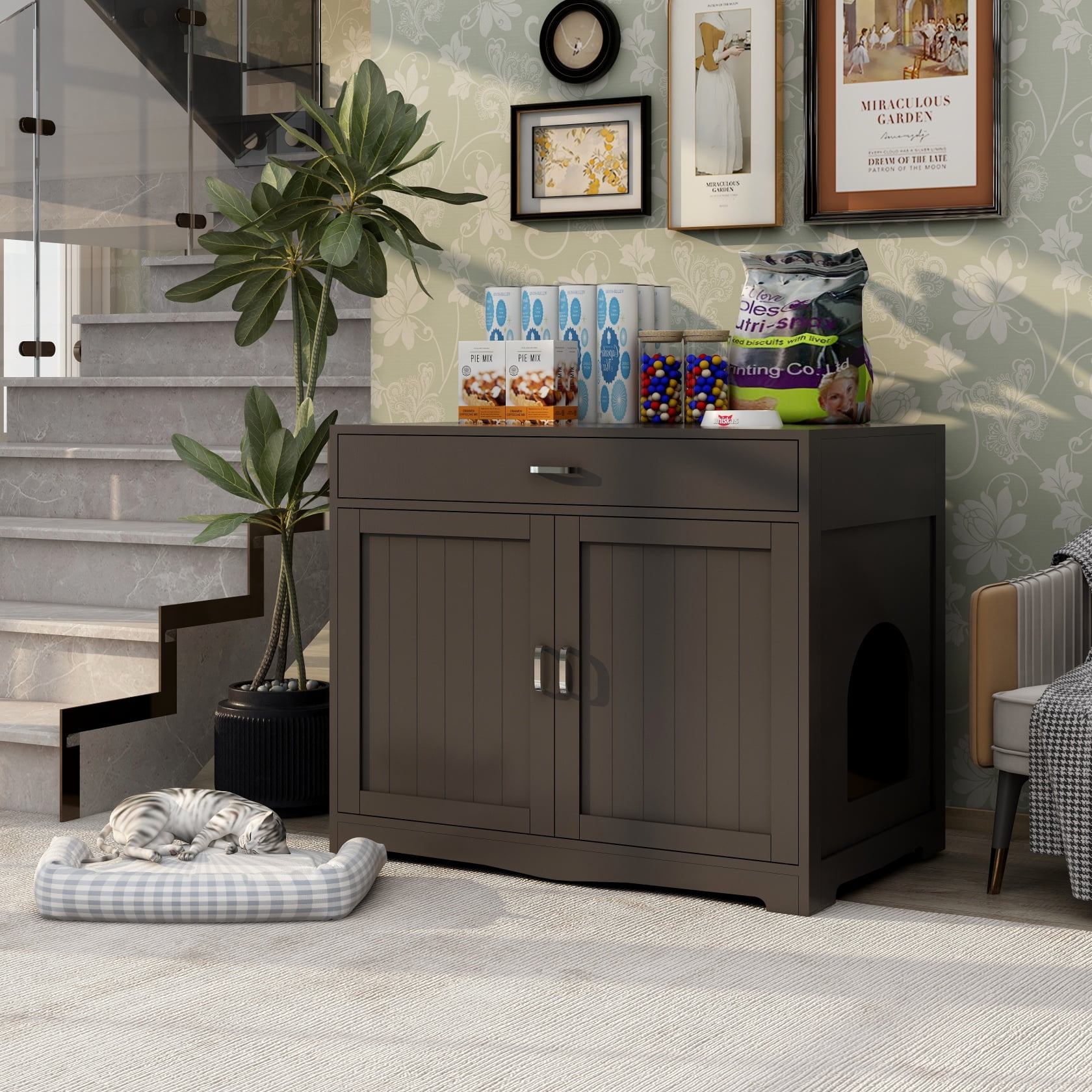 Wooden Cat Litter Box Enclosure with Storage, Hidden Plugs, and Drawer ...