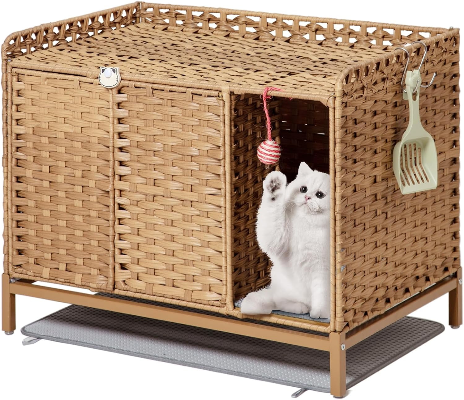 Cat Litter Box Enclosure Furniture with Divider, Handwoven Rattan ...