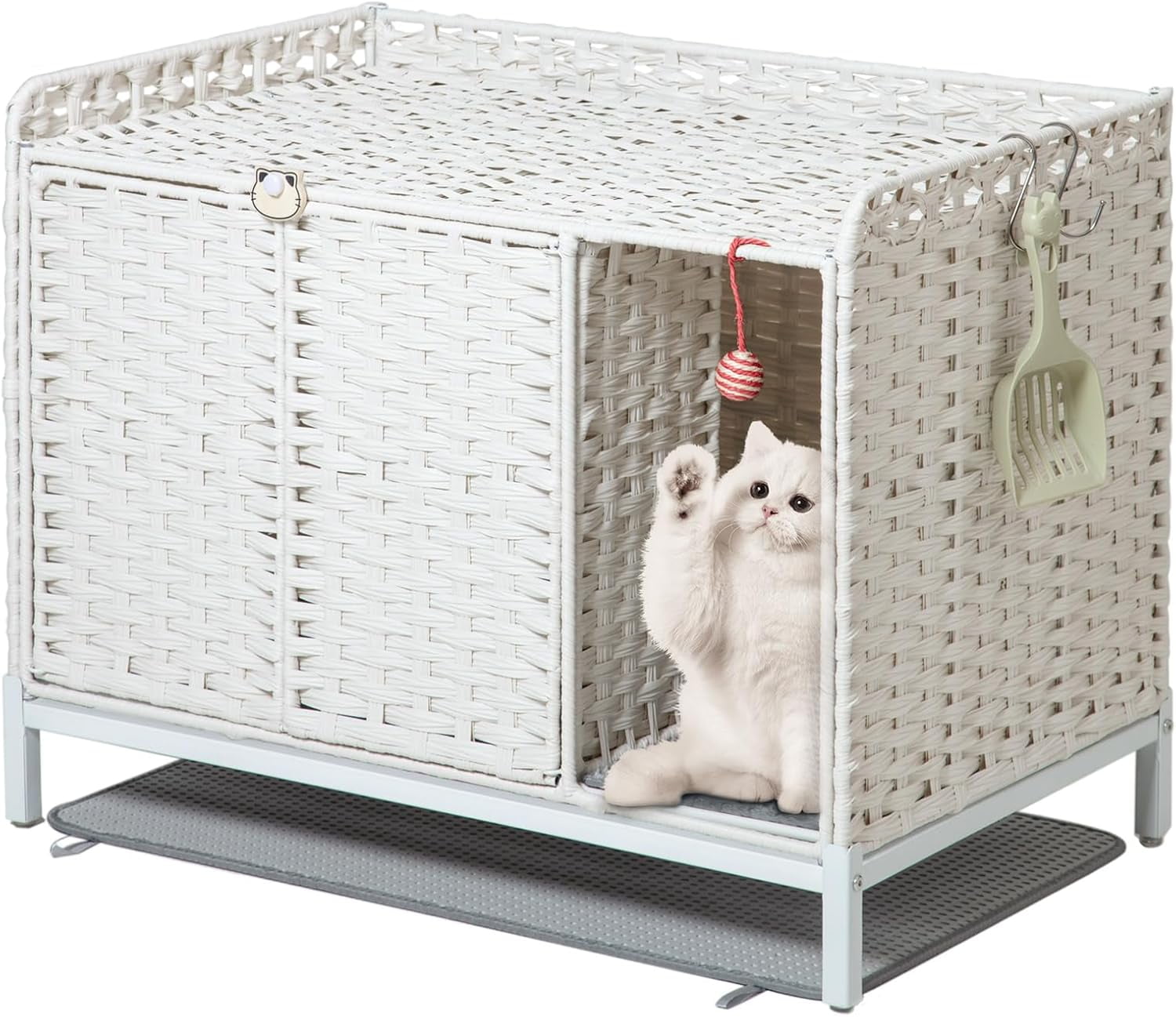 Cat Litter Box Enclosure Furniture with Divider, Handwoven Rattan ...