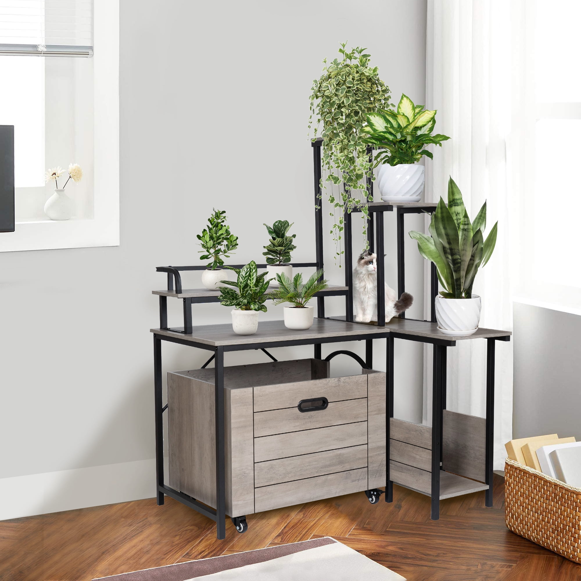Cat Litter Box Enclosure Furniture with Flower Stand, Corner Wooden Cat ...