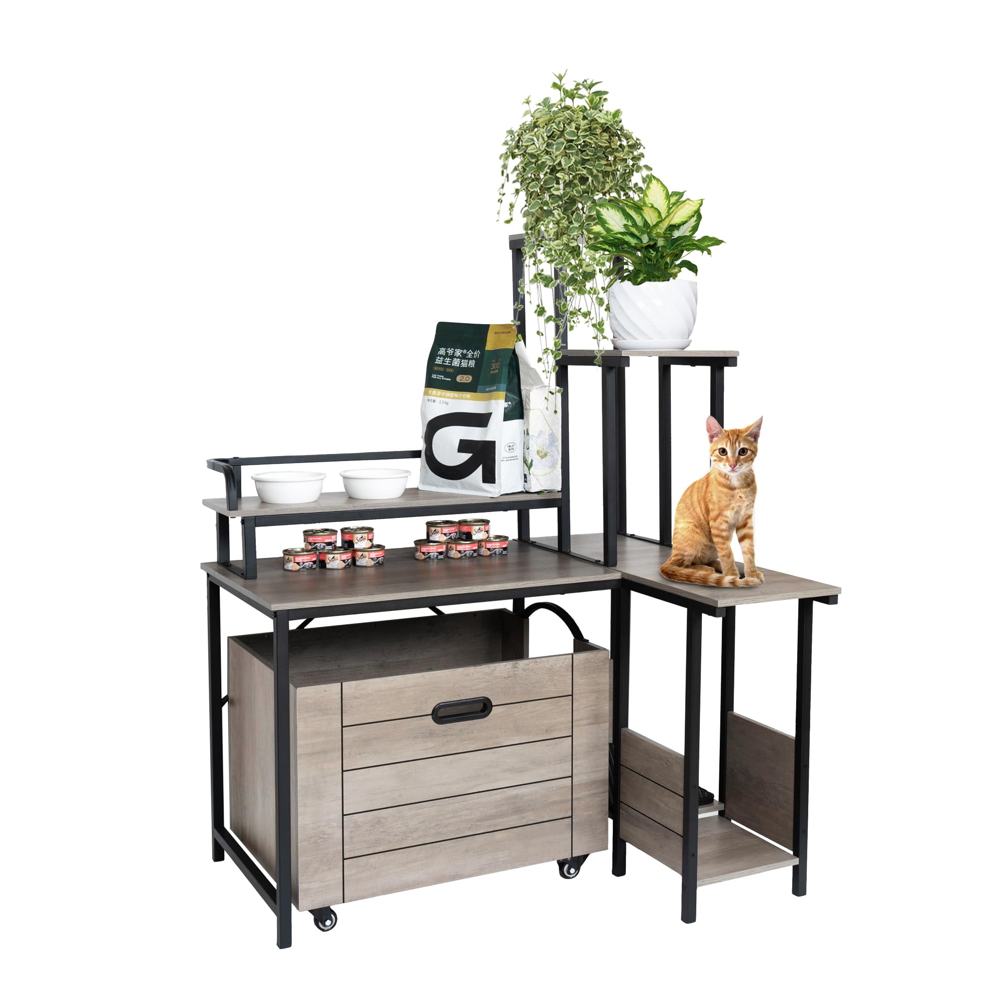 Cat Litter Box Enclosure Furniture with Flower Stand, Corner Wooden Cat ...