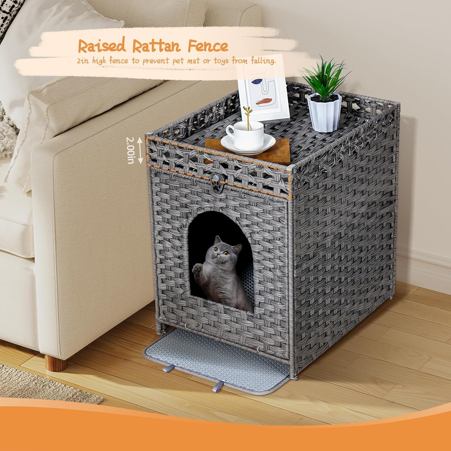 Cat Litter Box Enclosure Furniture Hidden with Cat Litter Mat, Hidden ...