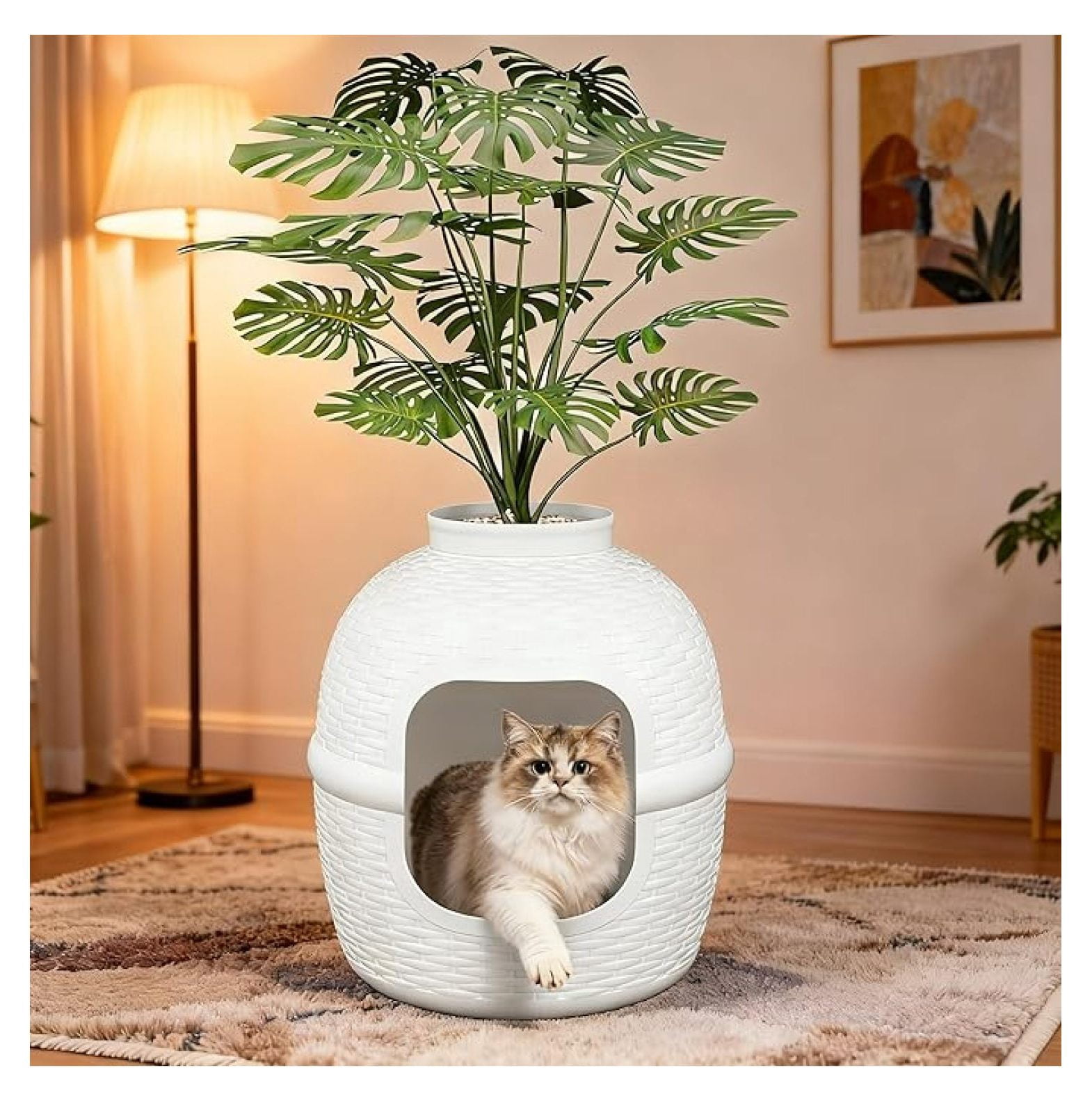 Cat Litter Box Enclosure Furniture, Rattan Style PP Cat House with Faux ...