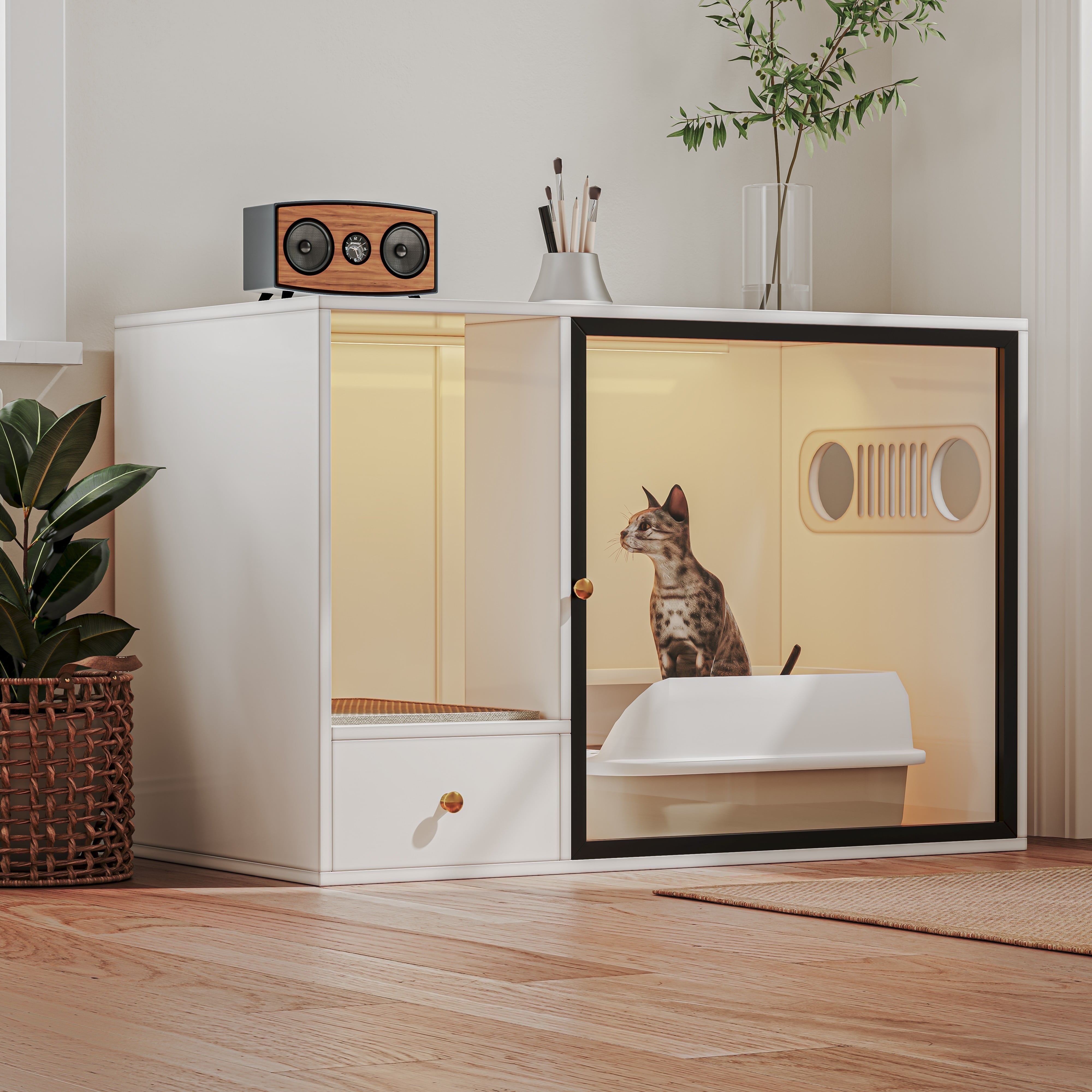 Cat Litter Box Enclosure With Glass Door And LED Light ，White Hidden ...