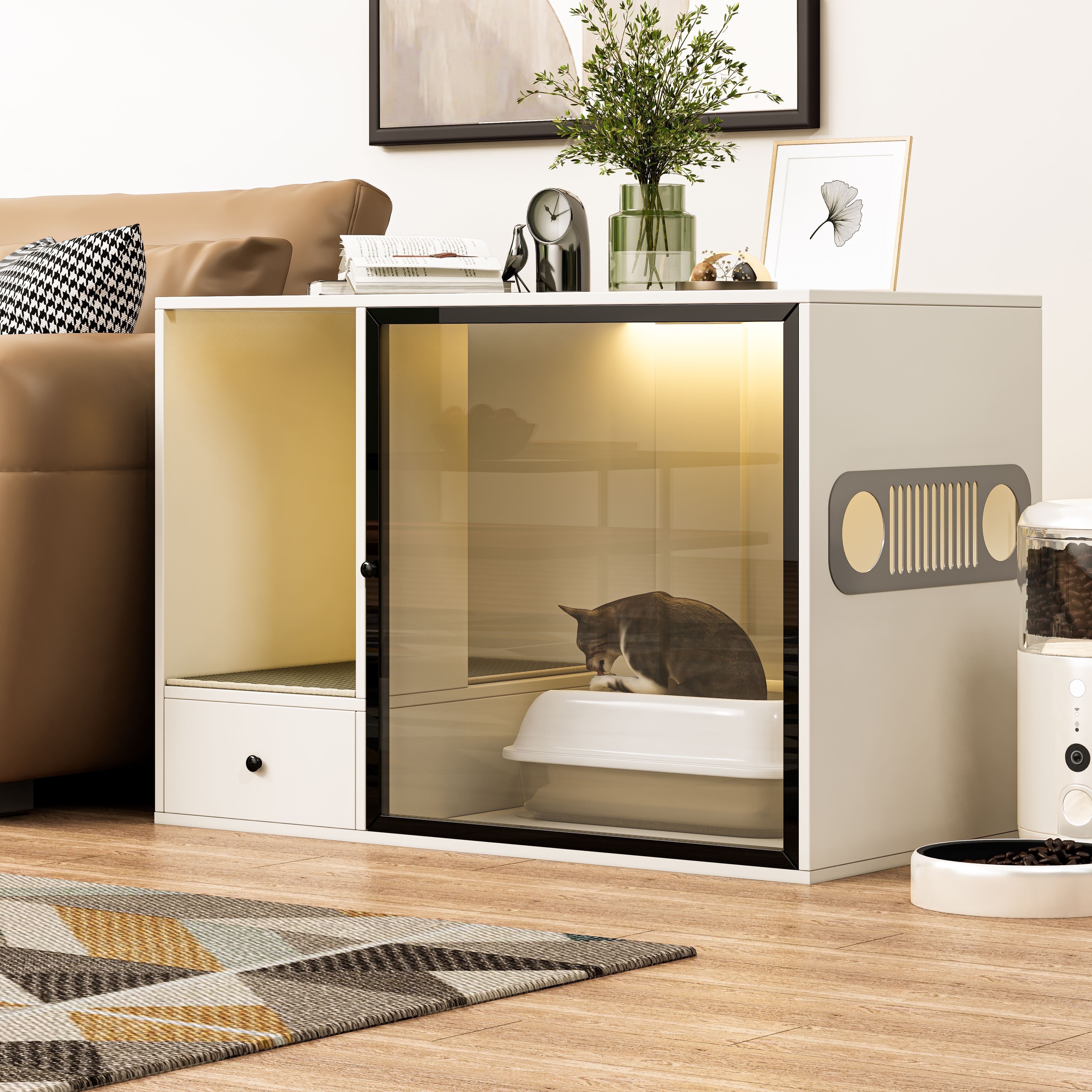 Furniture style litter box enclosure Cat litter box cabinet with Glass ...