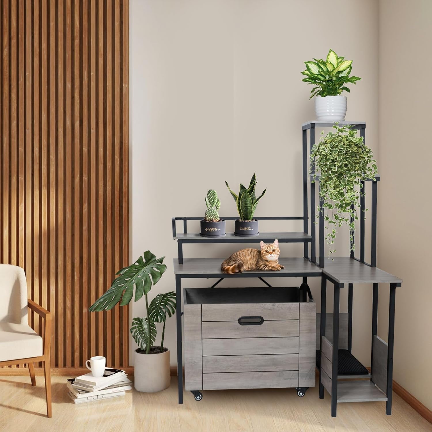 Cat Litter Box Enclosure Furniture with Flower Stand, Hidden Corner Cat ...