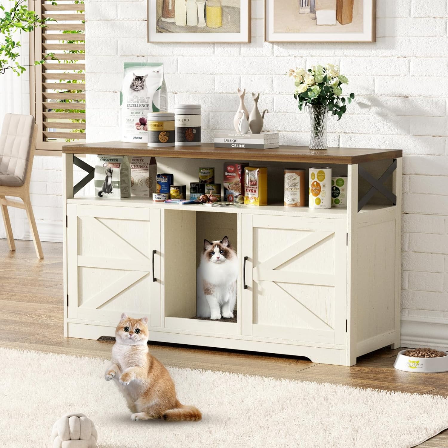 Cat Litter Box Enclosure Furniture with Scratch Pad, Farmhouse Indoor ...
