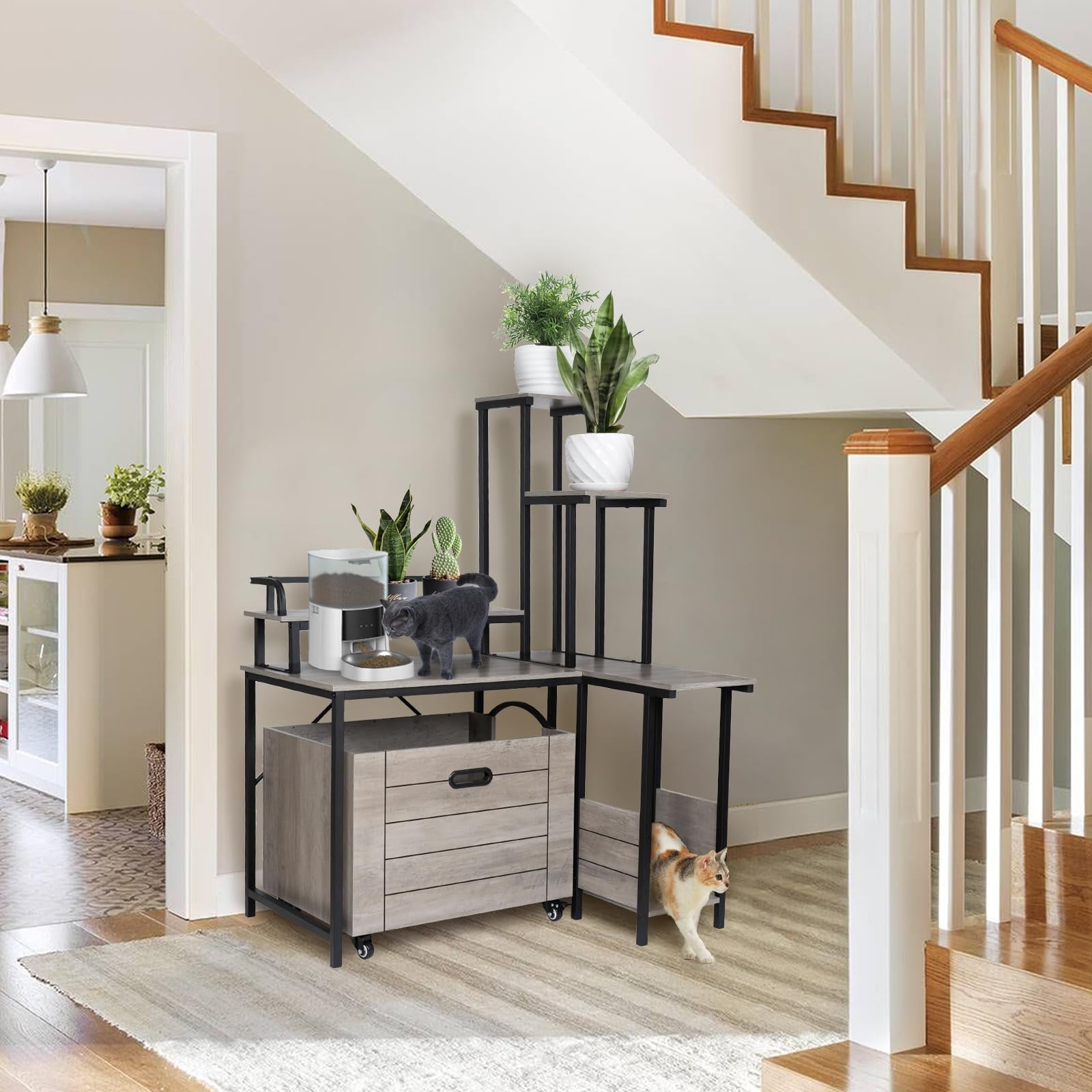 Cat Litter Box Enclosure Hidden with Flower Stand Litter Box Furniture ...