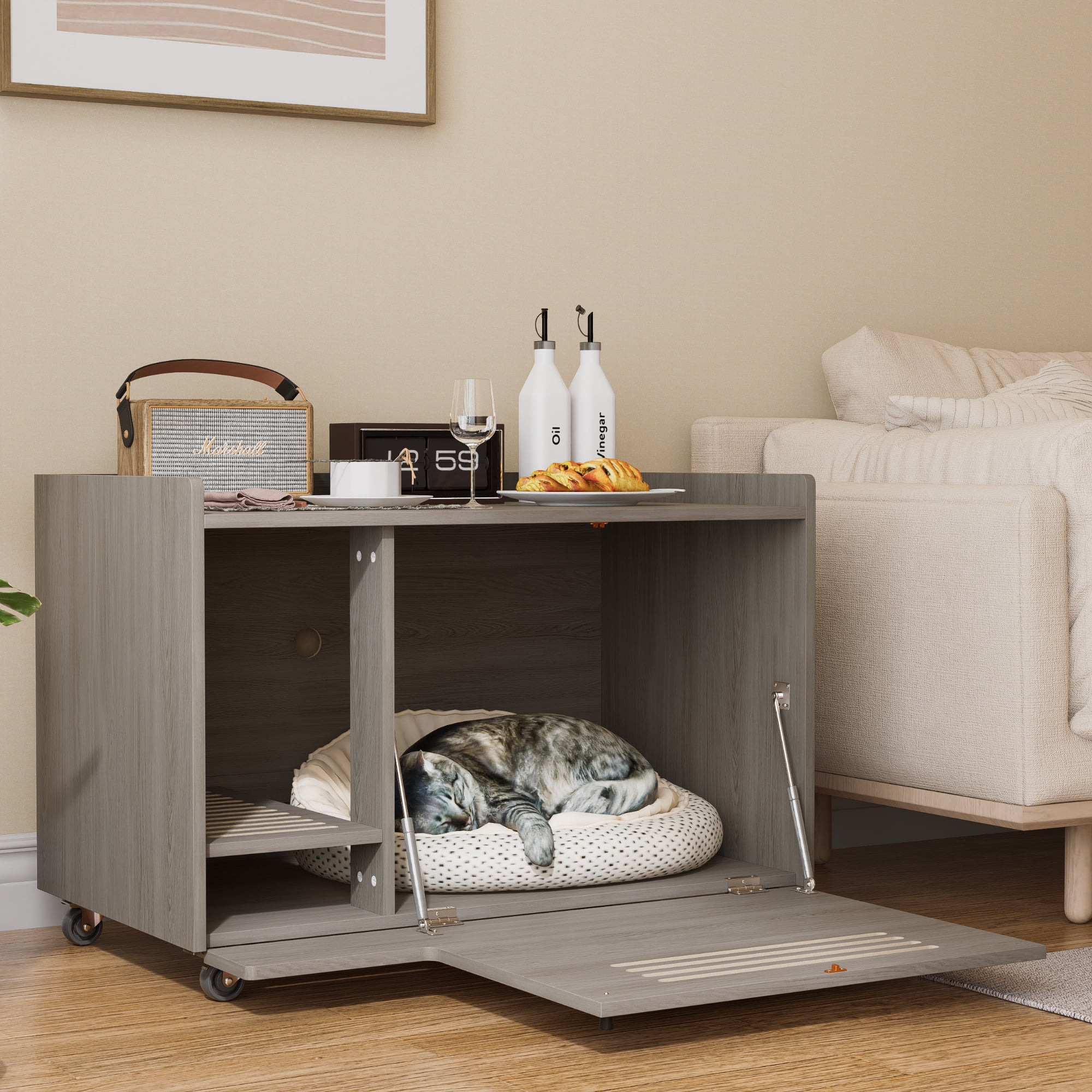 Unbranded Hidden Litter Box Furniture with Top Side Fence, Wooden Pet ...