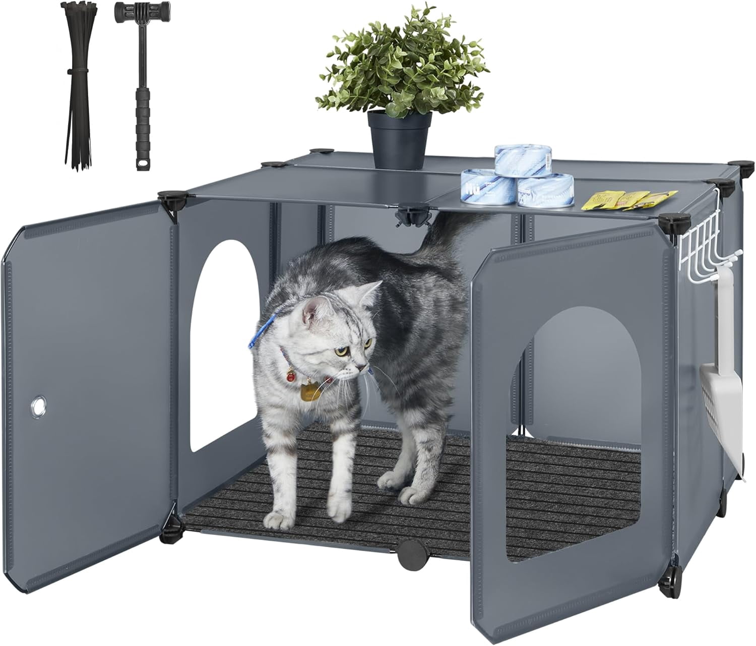 Cat Litter Box Enclosure with Hooks, Plastic Covered Little Box with ...