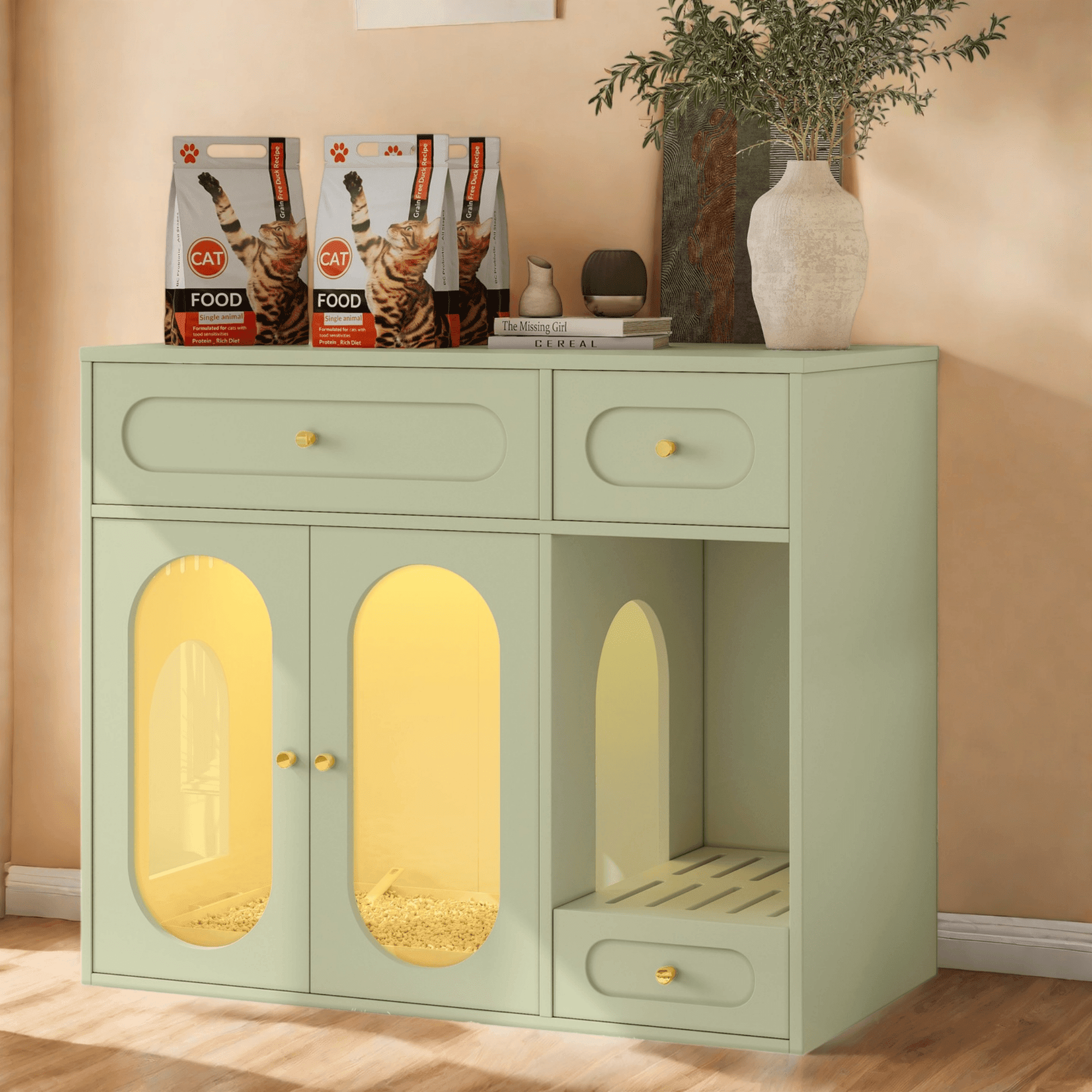 Cat Litter Box Enclosure with LED Light, Hidden Furniture with Storage ...