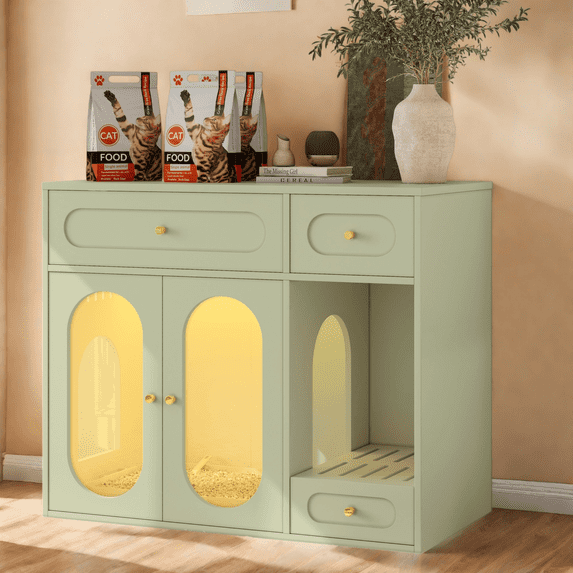 Cat Litter Box Enclosure with LED Light, Hidden Furniture with Storage ...