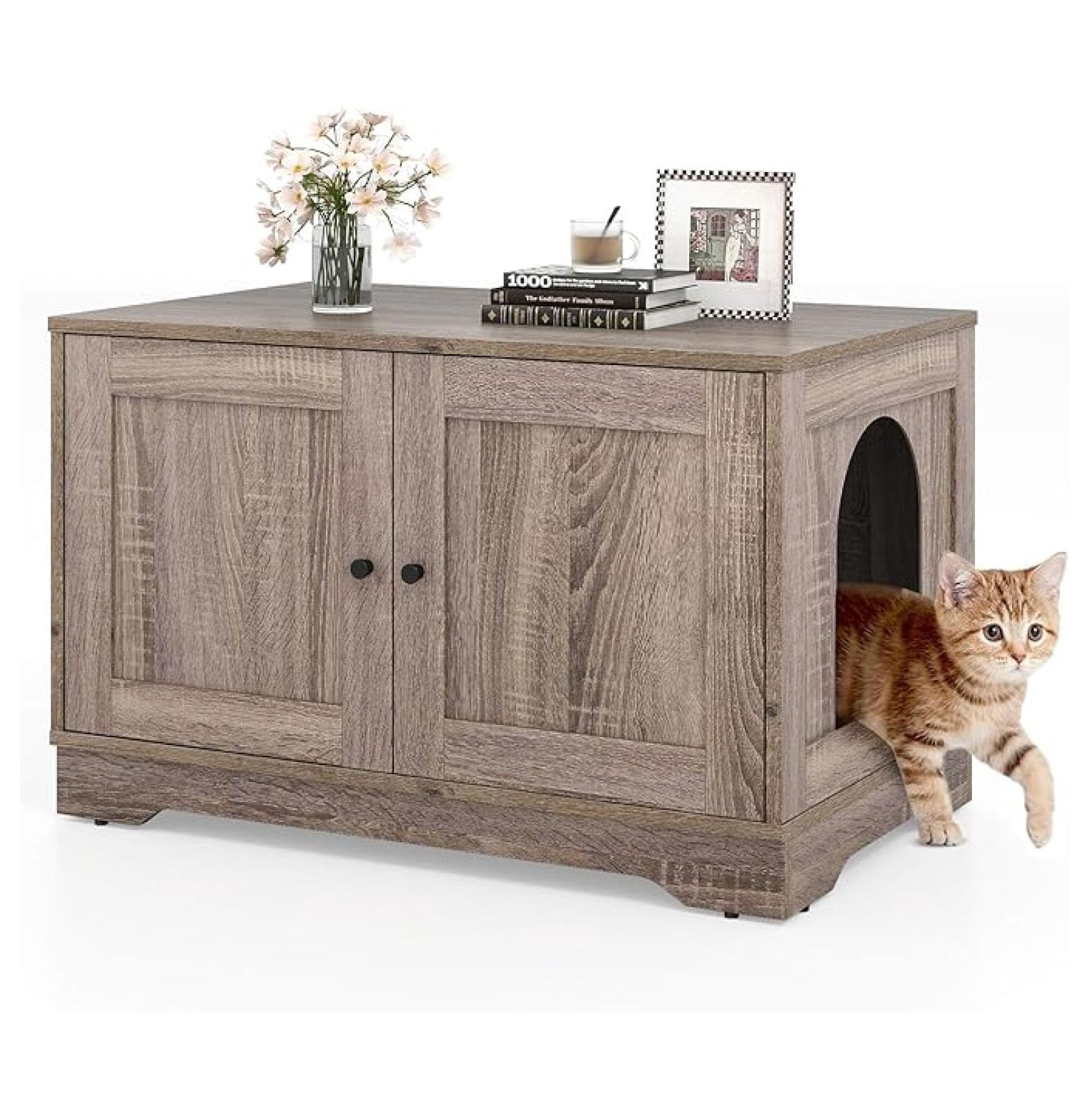 Cat Litter Box Enclosure, Modern Litter Box Furniture with Double Doors ...