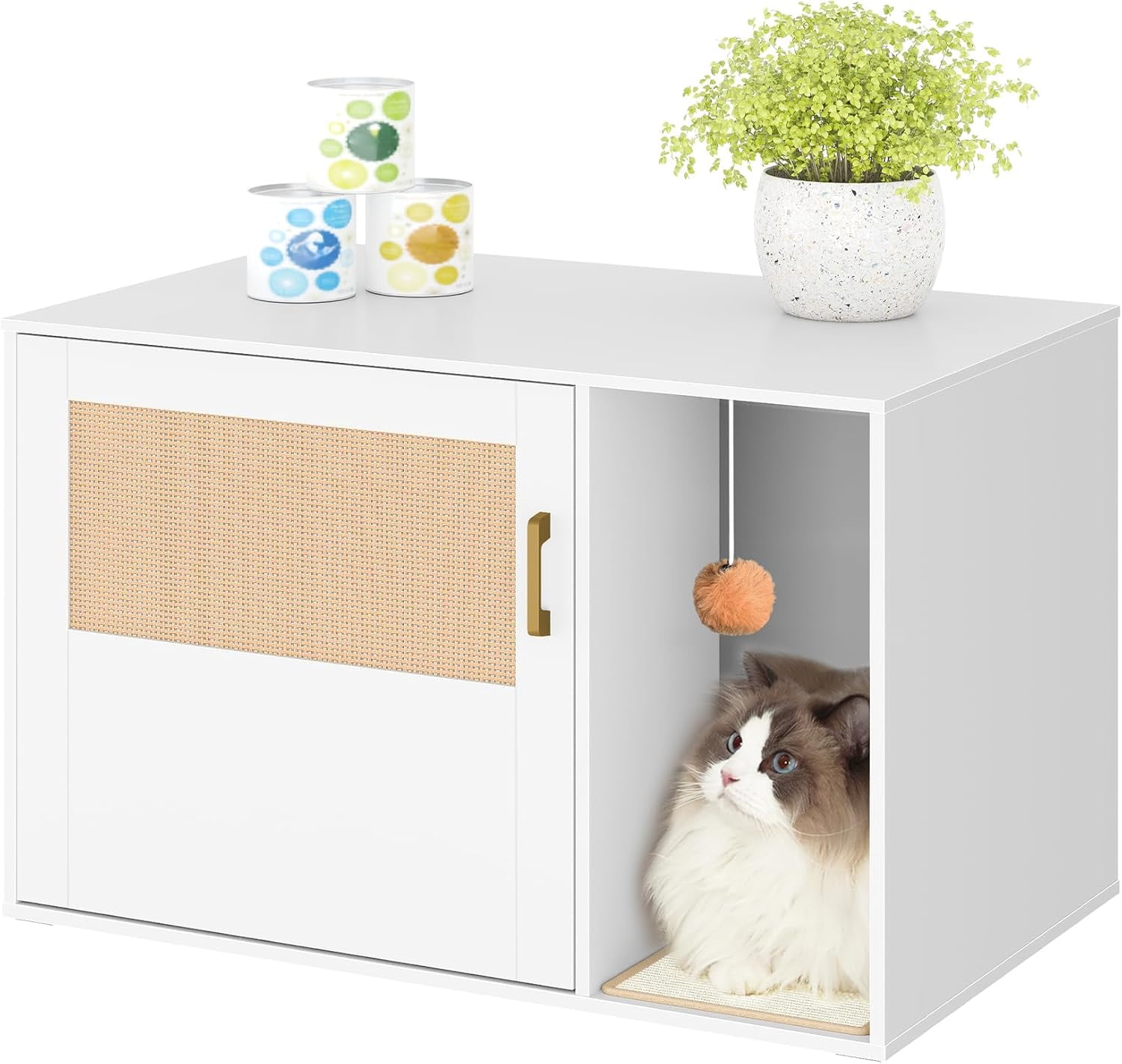 Cat Litter Box Enclosure with Rattan Door, Hidden Litter Box Furniture ...