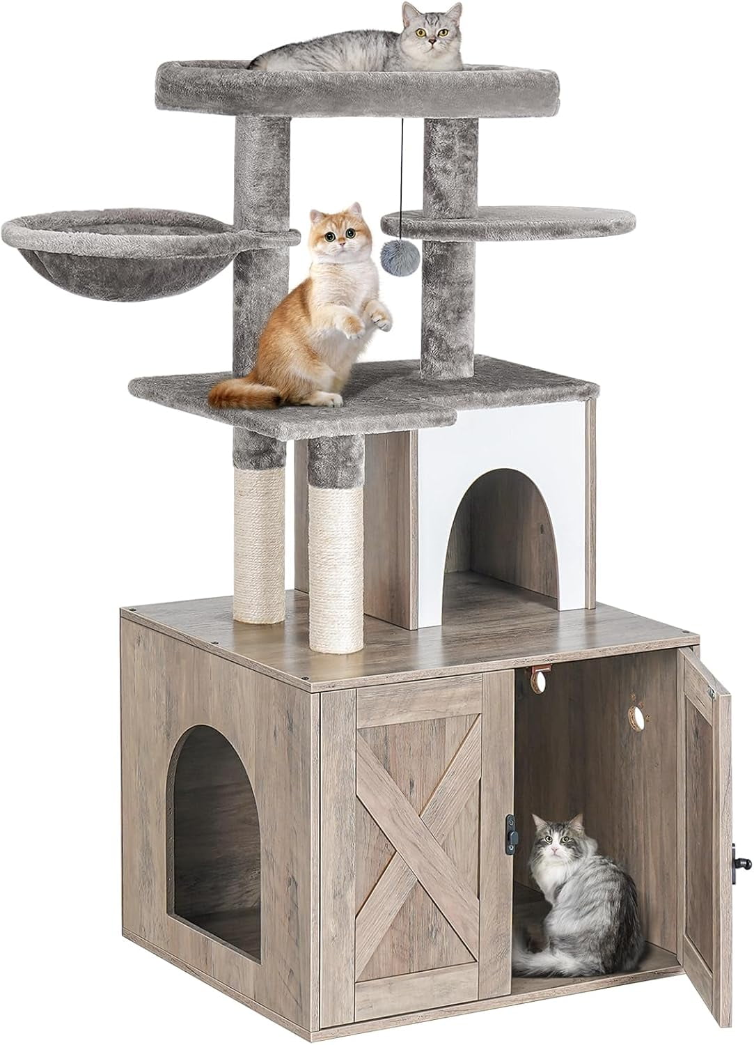 Cat Litter Box Enclosure with Tree Tower and Condo, Hidden Washroom ...