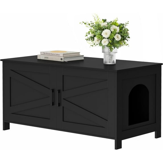 Cat Litter Box Enclosure, Wooden Cat Washroom Furniture with Barn Door ...