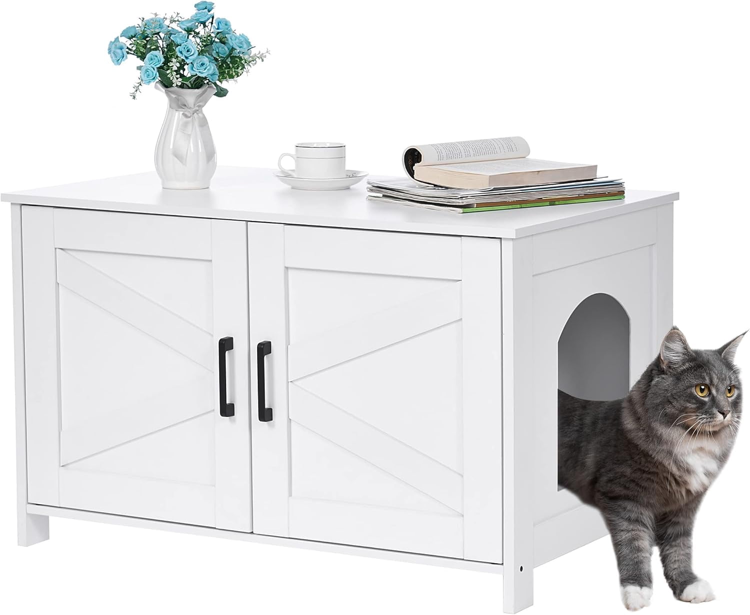 Cat Litter Box Enclosure, Wooden Cat Washroom Furniture with Barn Door ...